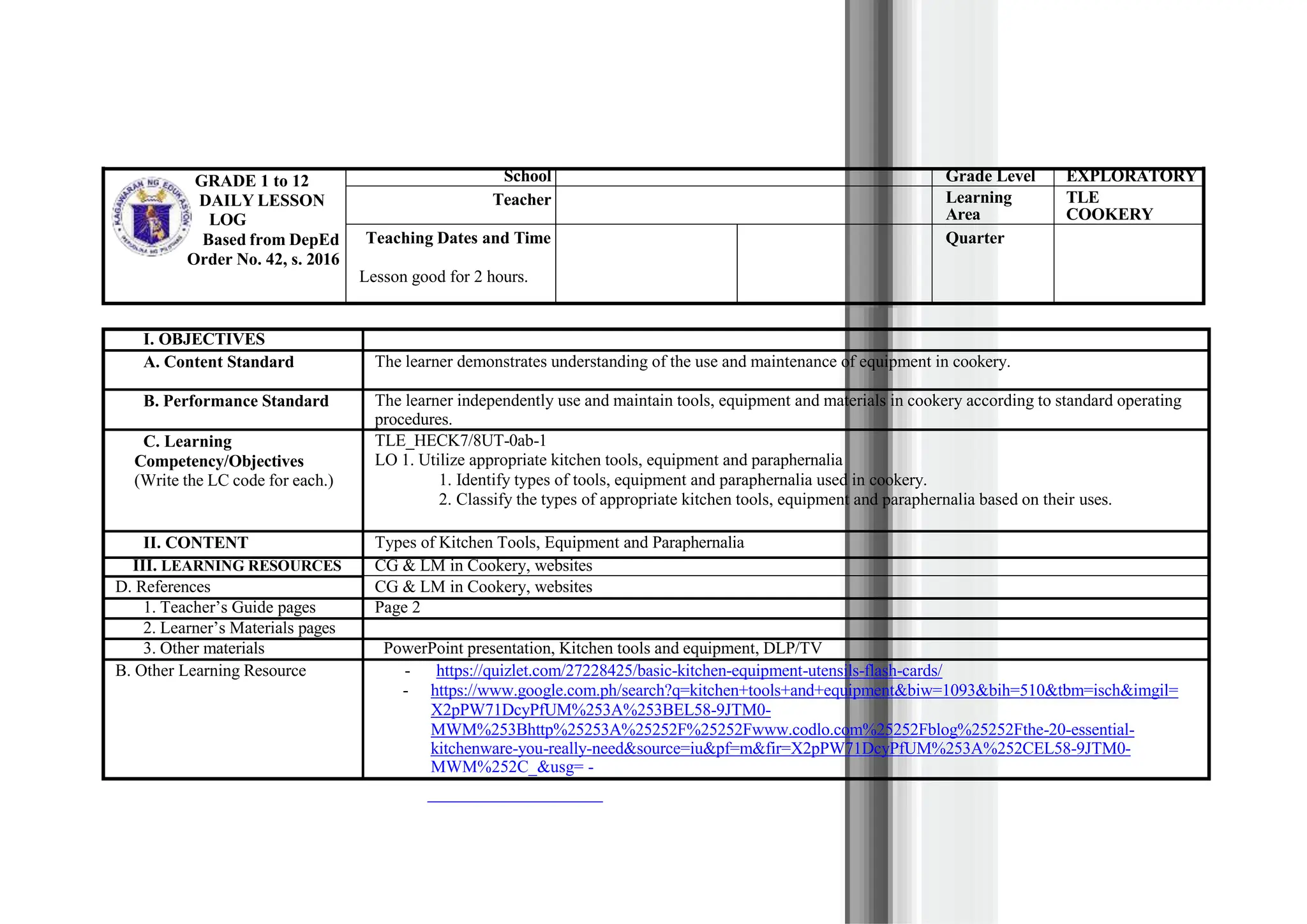 Daily lesson log for exploratory 7/8 cookery 9 | DOCX