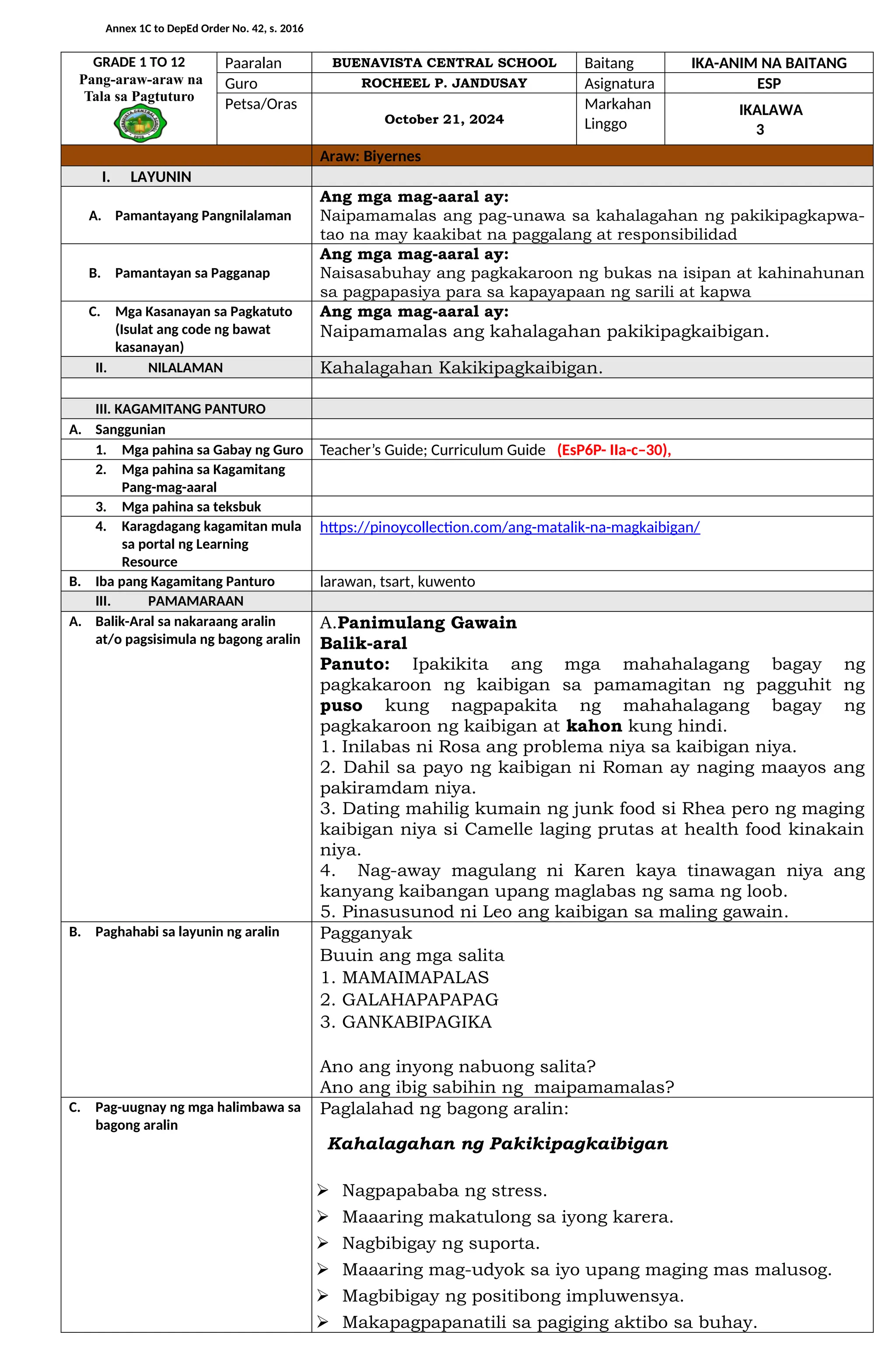 Naipamamalas ang kahalagahan pakikipagkaibigan. | DOCX