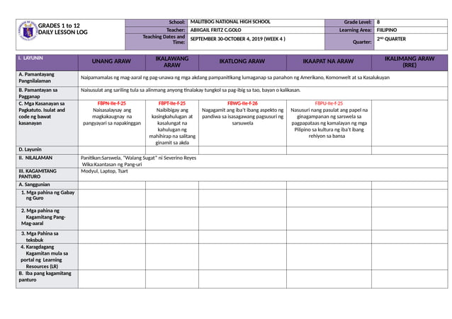 dll-filipino-8 Daily Lesson Log grade 8pptx | PPTX