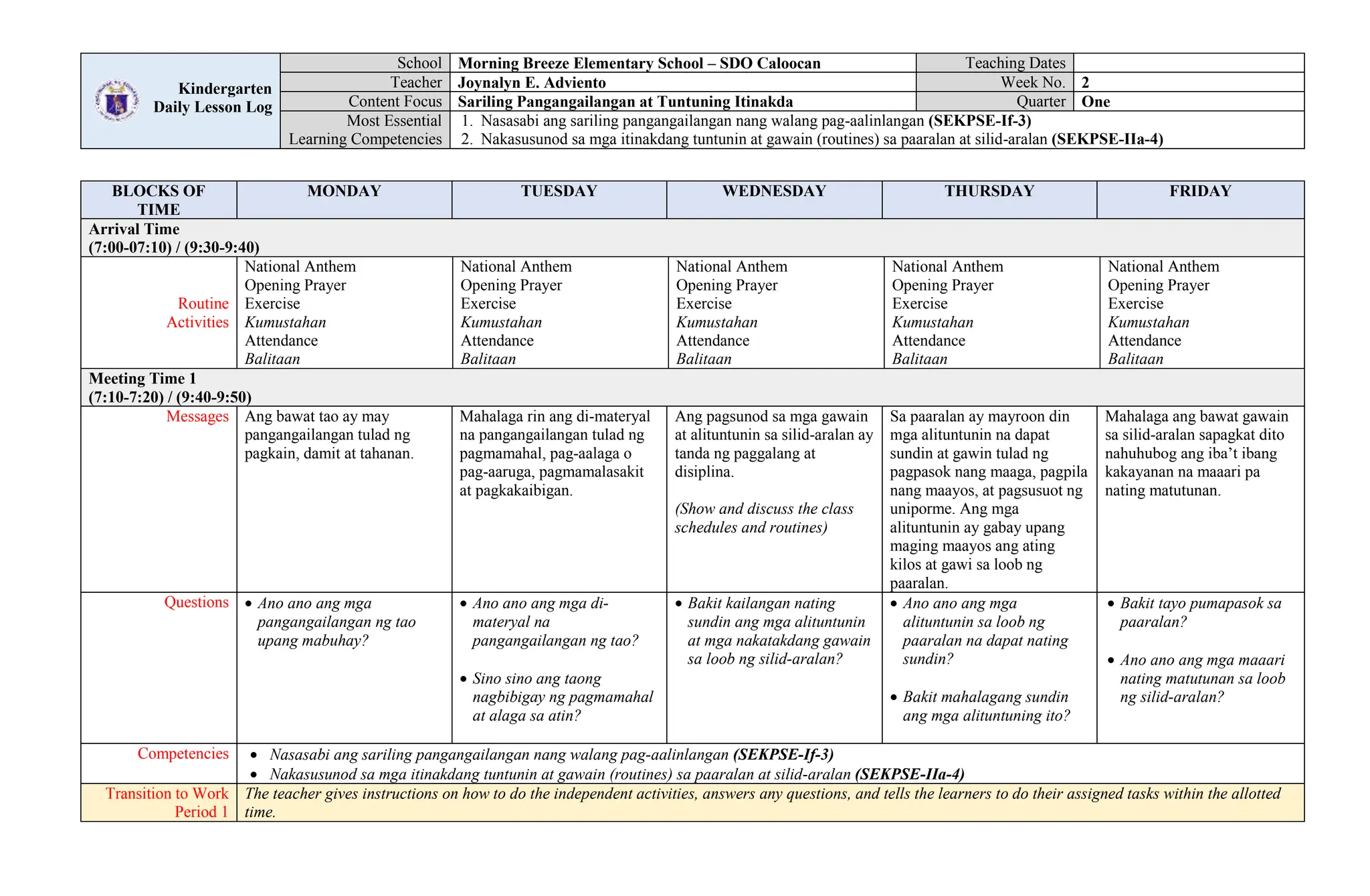 Kindergarten Daily Lesson Log Quarter 1 Week 2 | DOCX