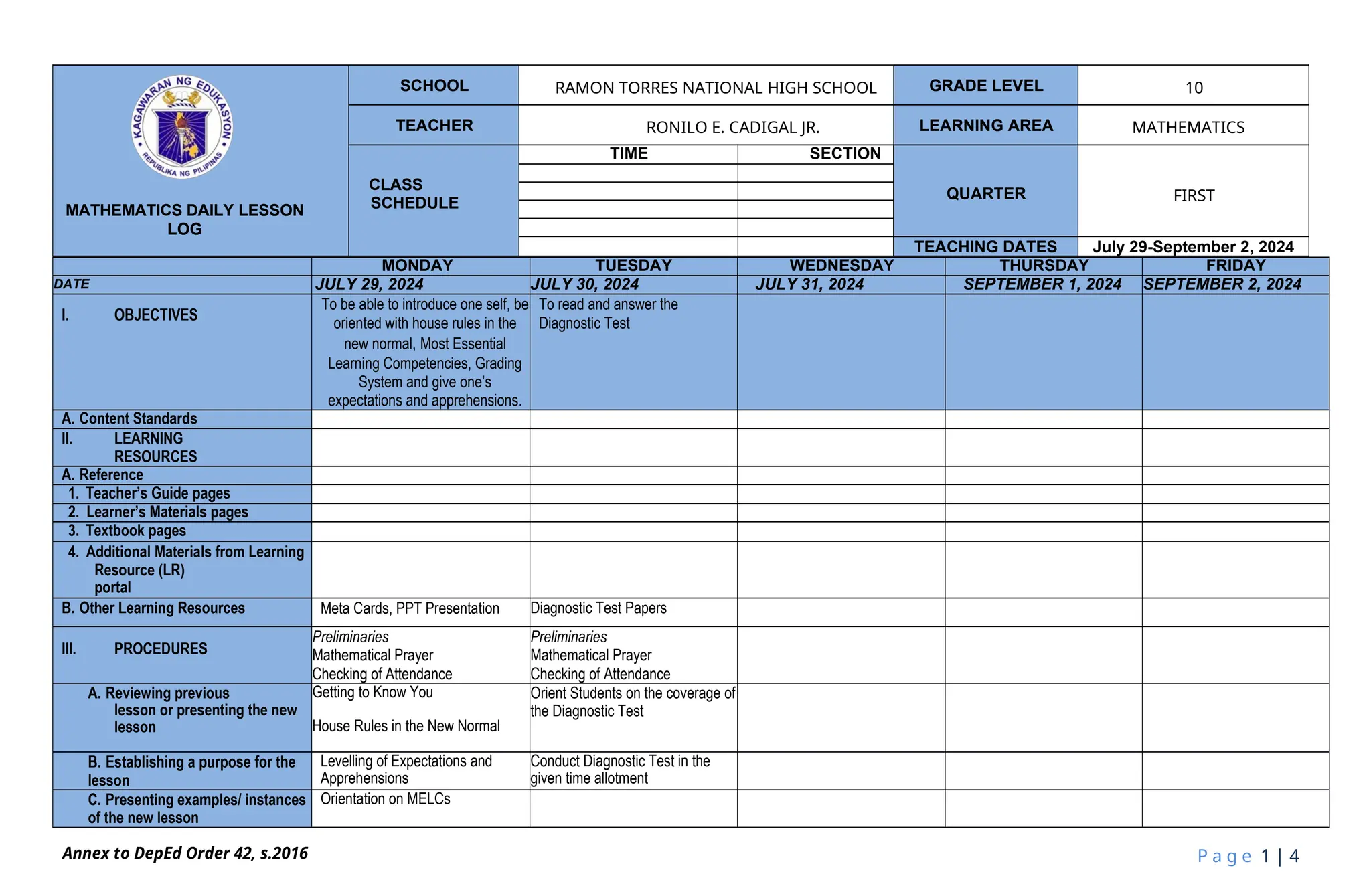 Daily Lesson Log for Mathematics Quarter 1 | DOCX