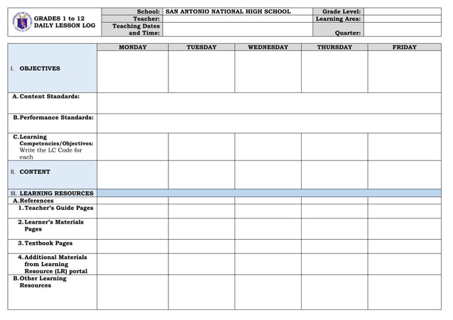 Daily Lesson Log Template for Deped Senior High School | PPT