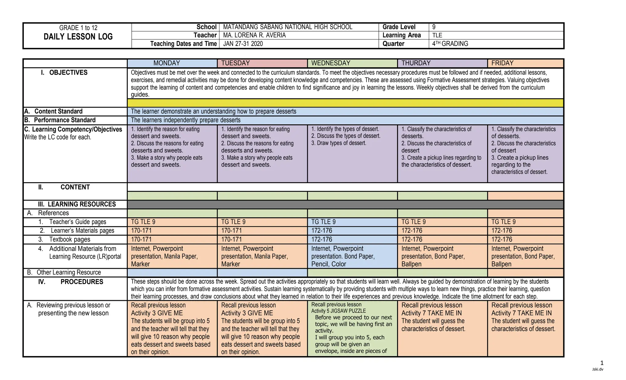 Cookery daily Lesson Log Fir Grade 9 Technology and Livelihood ...