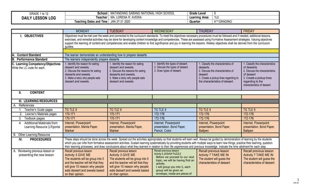 Cookery daily Lesson Log Fir Grade 9 Technology and Livelihood ...