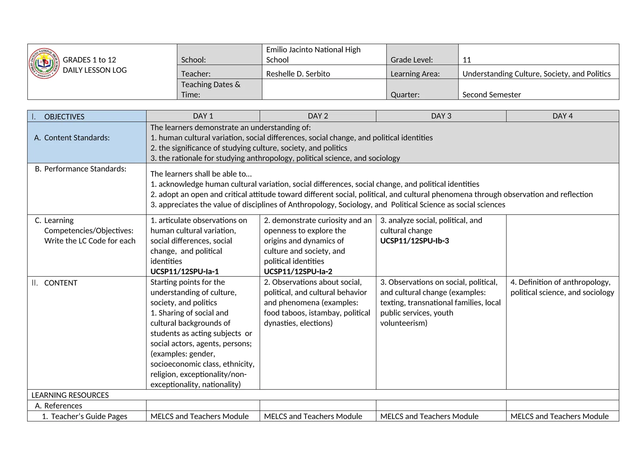 DAILY LESSON LOG WEEK 1 UNDERSSTANDING CULTURE, SOCIETY, AND POLITICS ...