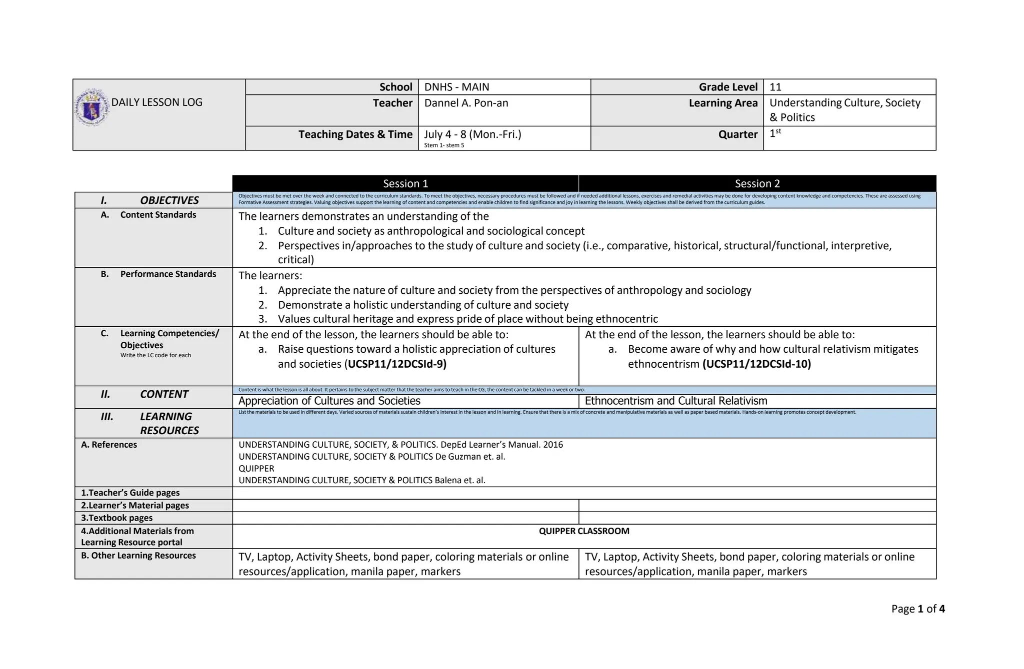 DLL-Week-43 daily lesson log for UCSP GRADE 12 | DOCX