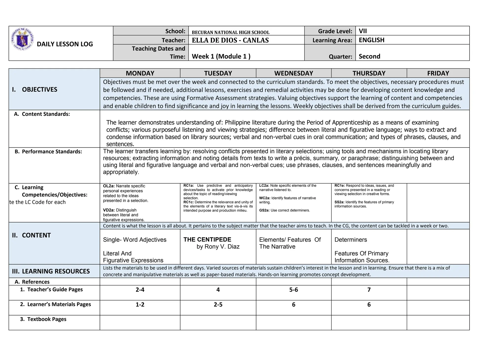 English 7 DLL Quarter 3 Week 1 MELC-BASED | DOCX