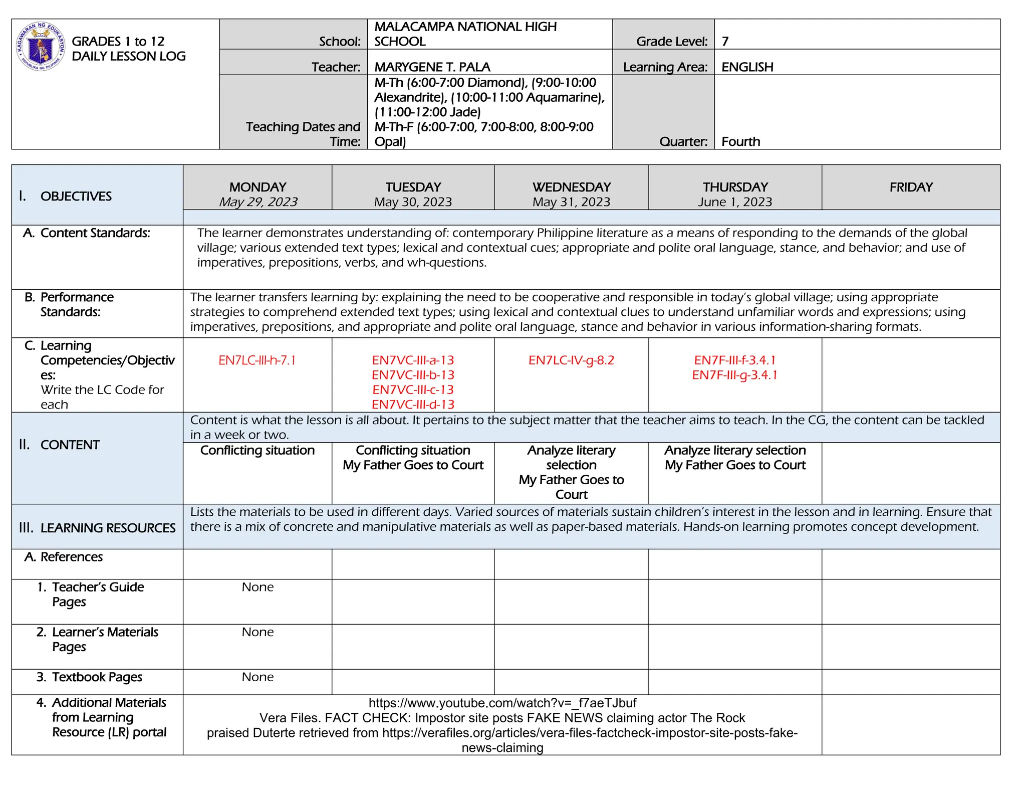 DLL_4th-Quarter_wk5.docx useful for beginner Teachers | DOCX
