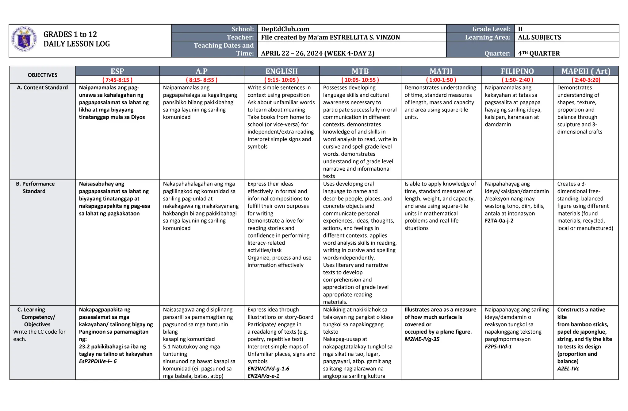 GRADE 2 | Quarter 4 Week 6 Prepositions of Place | MELC Based English ...