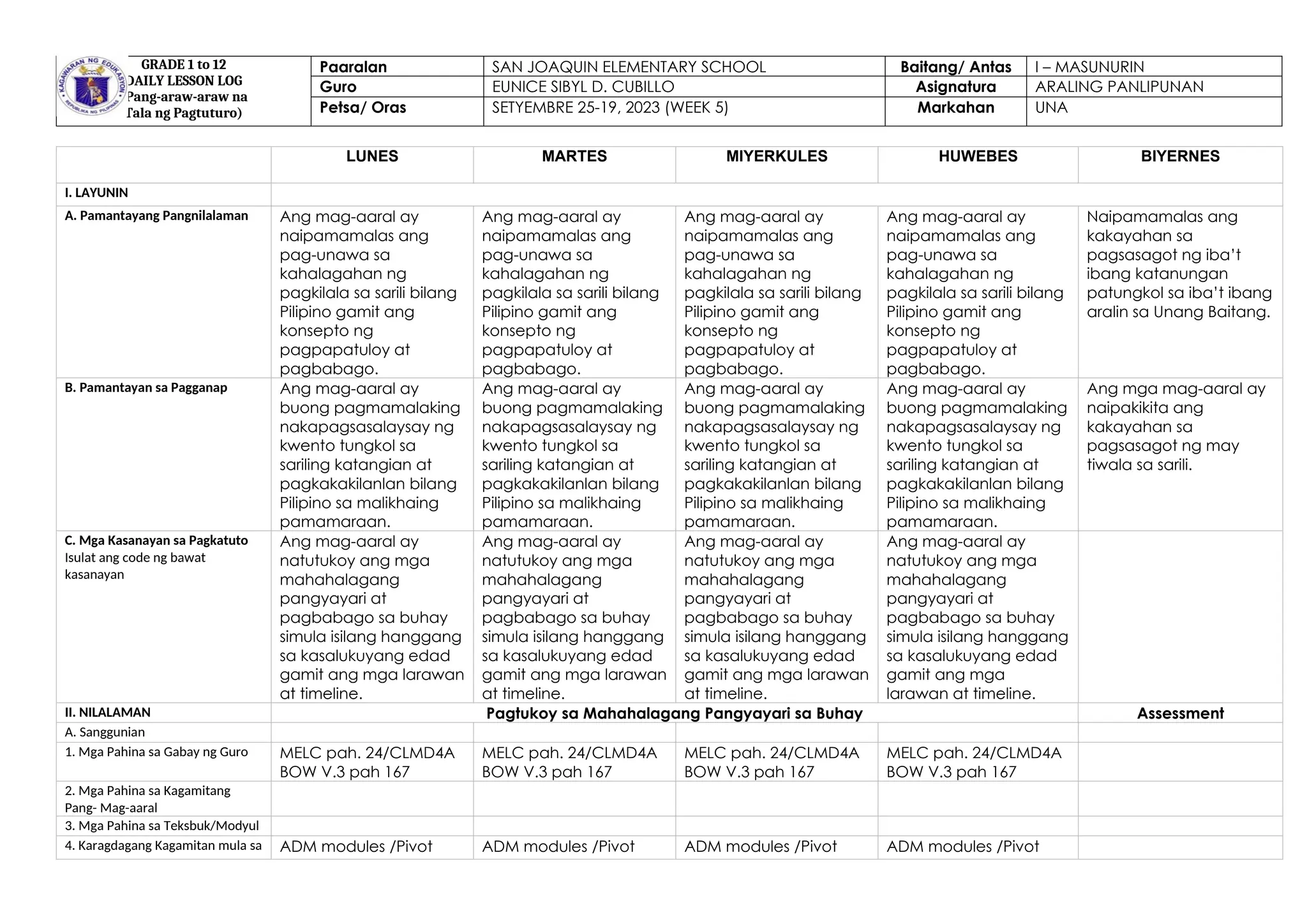 Daily Lesson Log in Araling Panlipunan Quarter 1 | DOCX