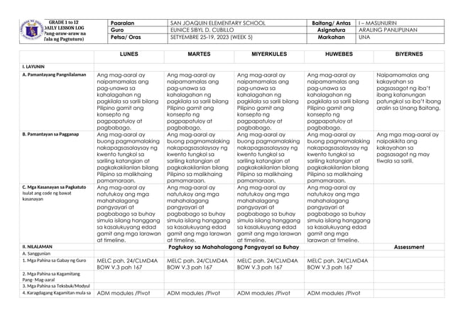 Daily Lesson Log in Araling Panlipunan Quarter 1 | DOCX