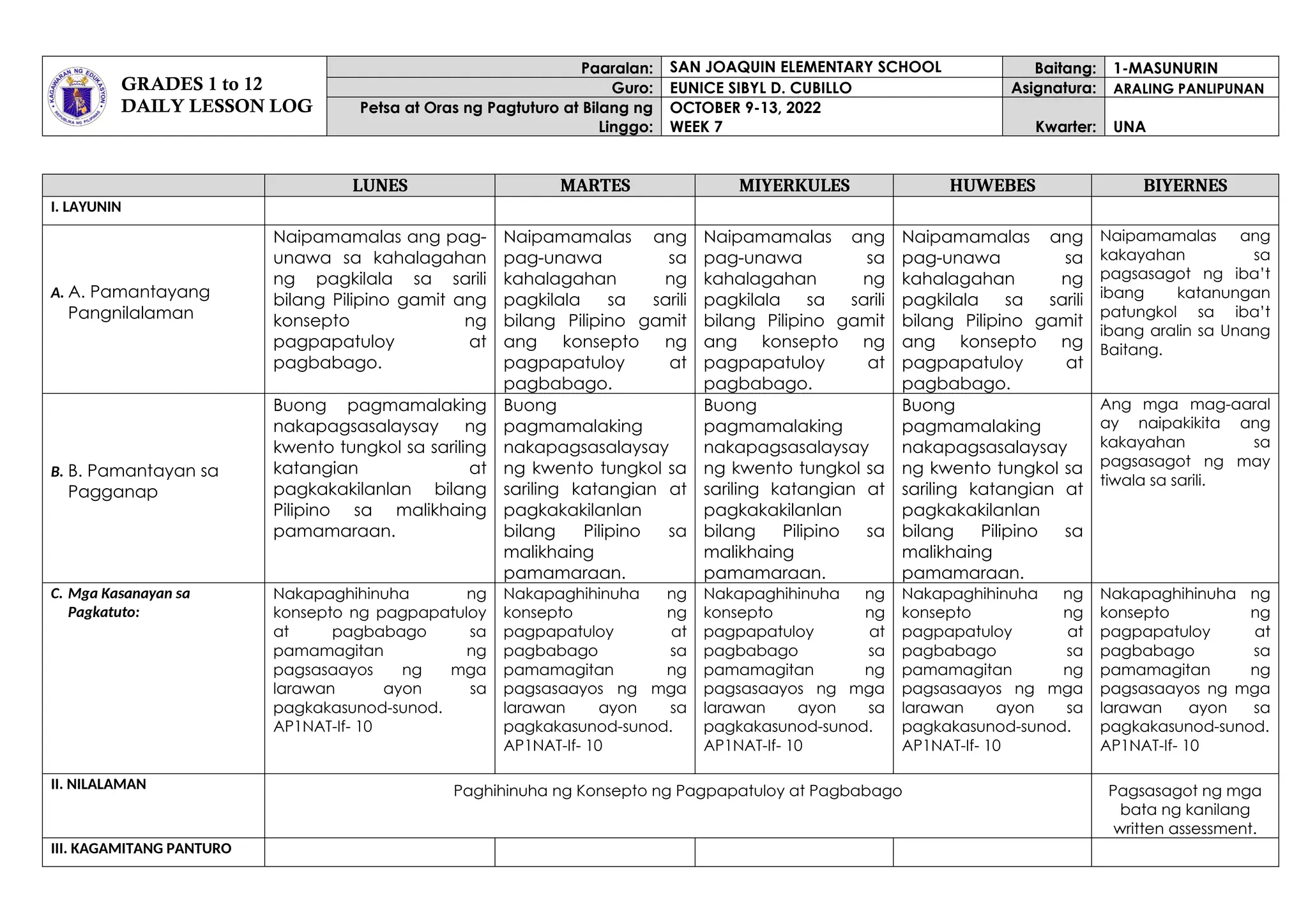Daily Lesson Log in Araling Panlipunan Quarter 1 Week 7 | DOCX