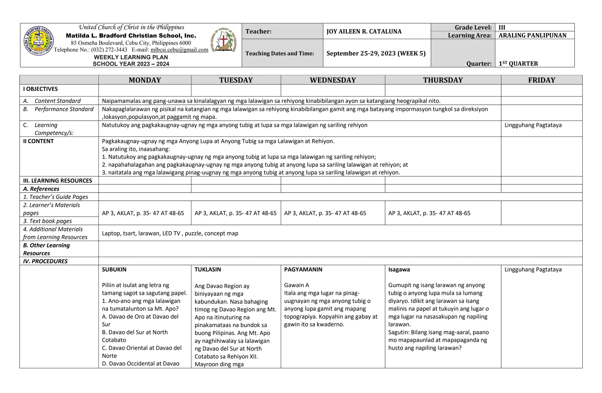 Daily Lesson Log of Araling Panlipunan Grade3 in Quarter 1, worksheet 5 ...