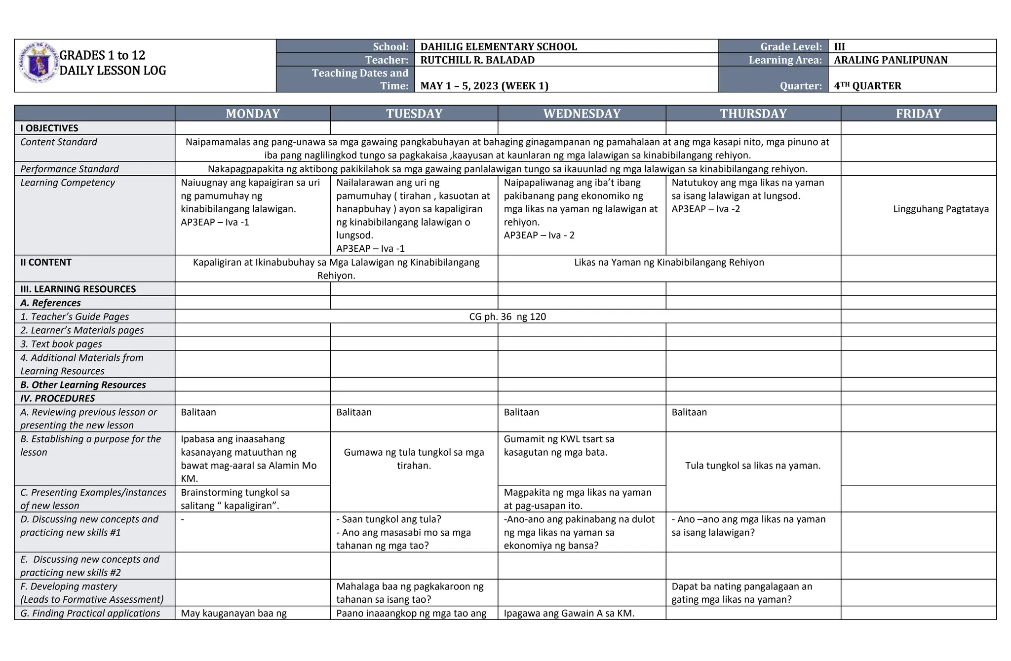 Daily Lesson Log In Araling Panlipunan 5 Module