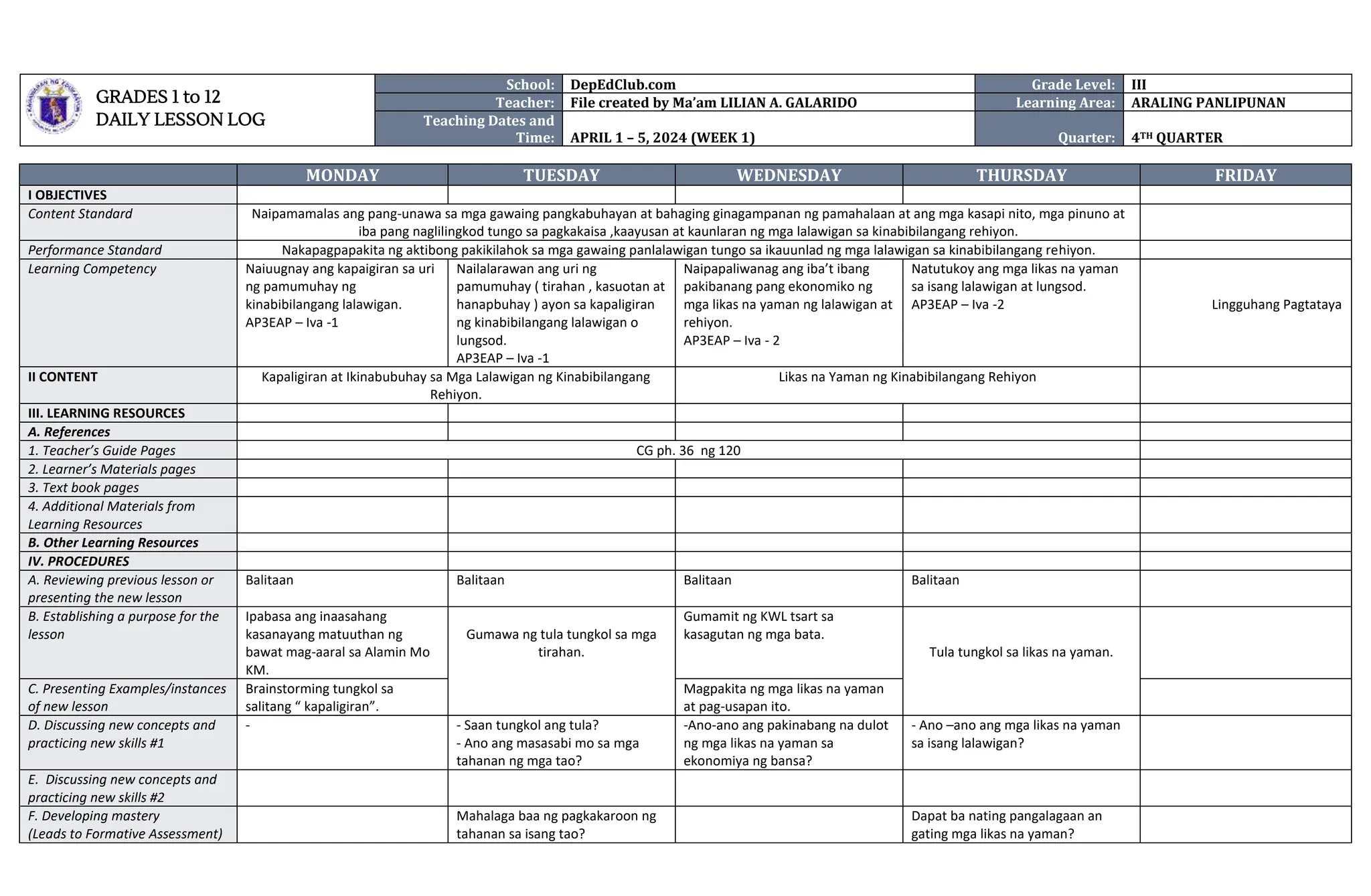 DLL ARALING PANLIPUNAN 3 Q4 W1 2023-2024 | DOCX