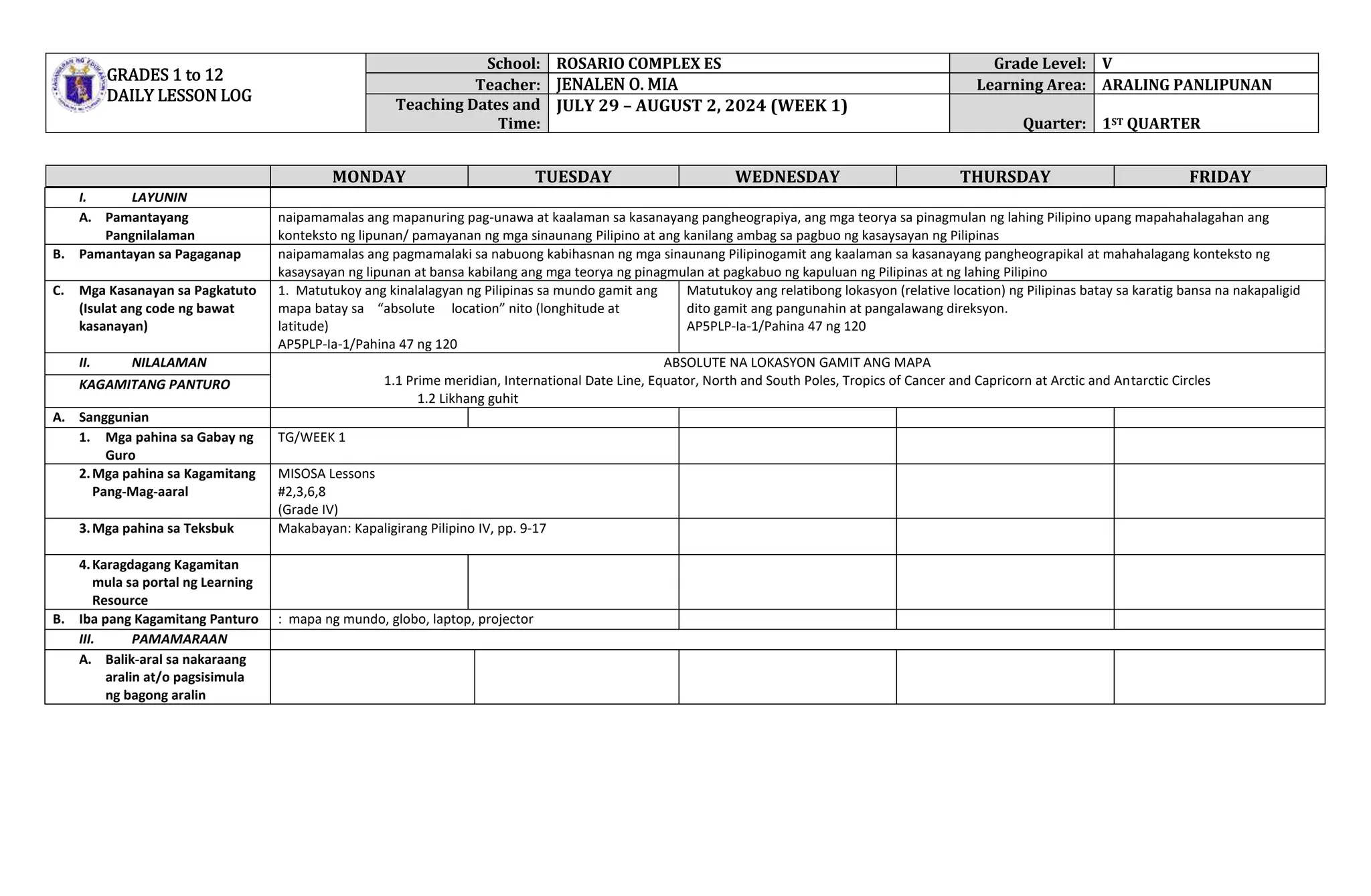DAILY LESSON PLAN IN ARALING PANLIPUNAN Q1 WEEK 1 | DOCX