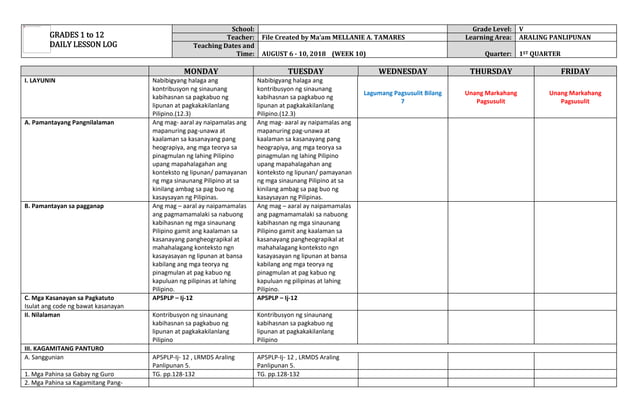 DLL ARALING PANLIPUNAN 5 AP 5 Q1 W10 docx | PPT
