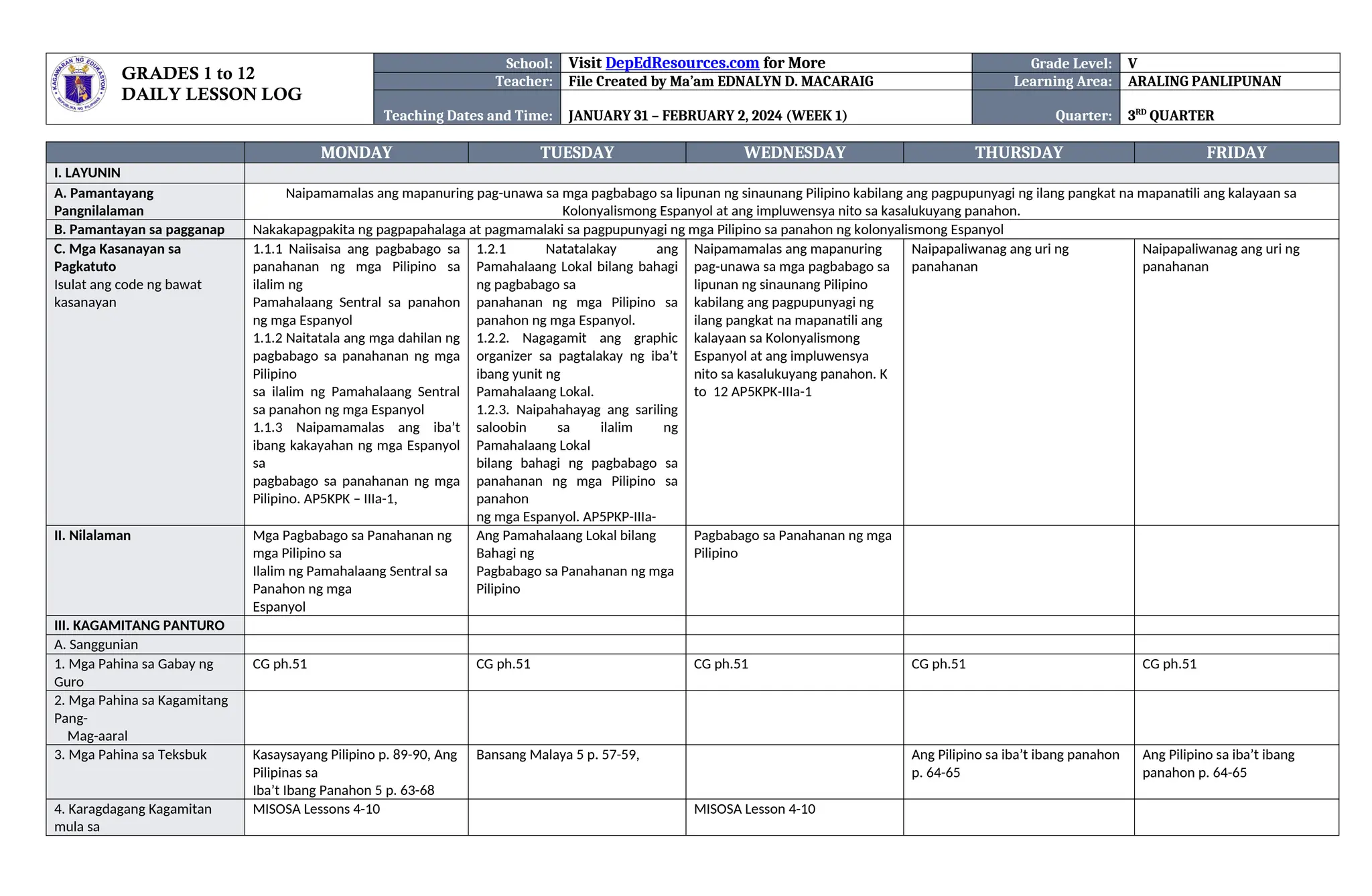 DLL_ARALING PANLIPUNAN GRADE 5 QUARTER 3 WEEK 1 | DOCX