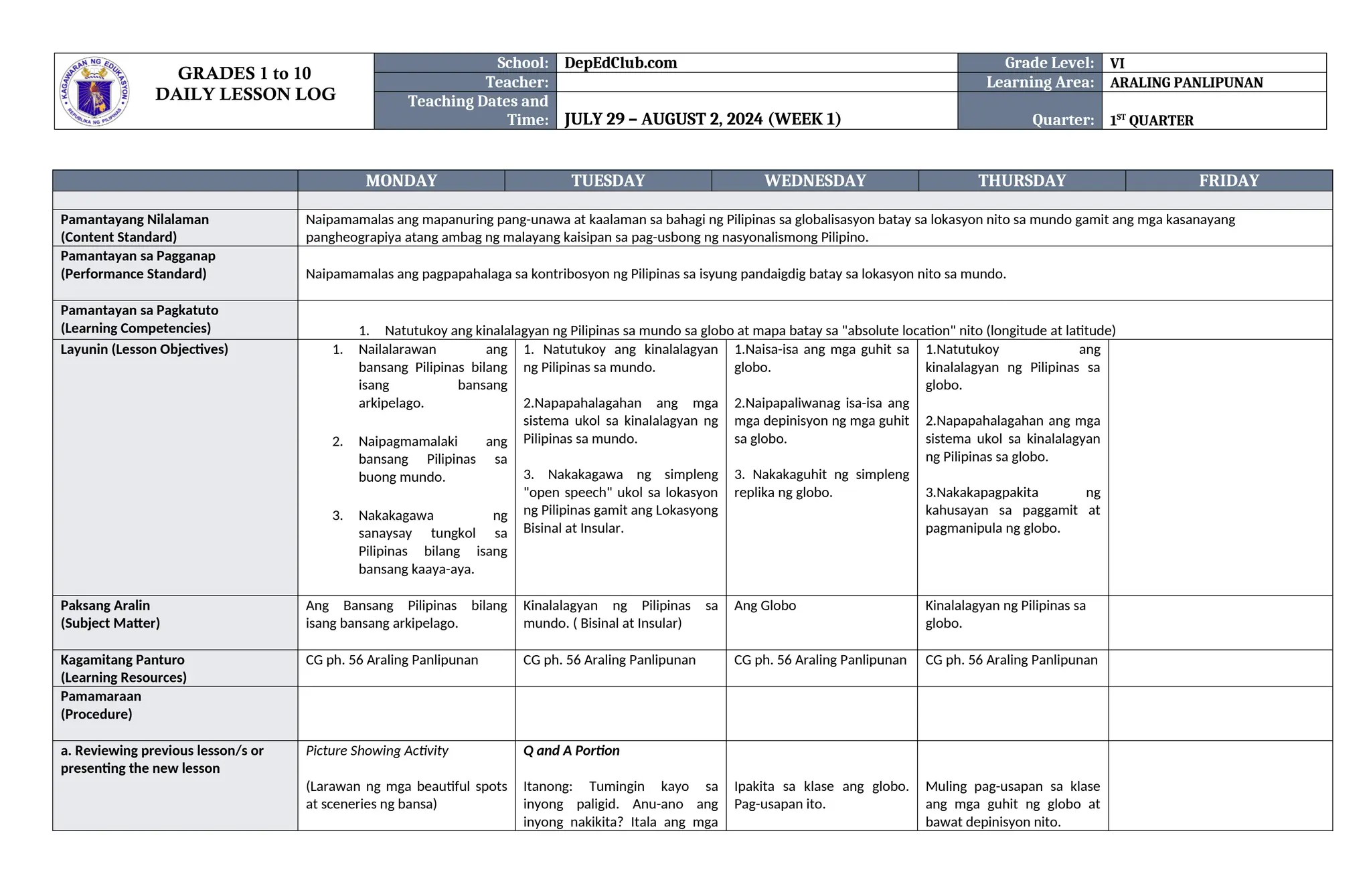 ARALING PANLIPUNAN GRADE 6 _QUARTER 1_WEEK 1 | DOCX