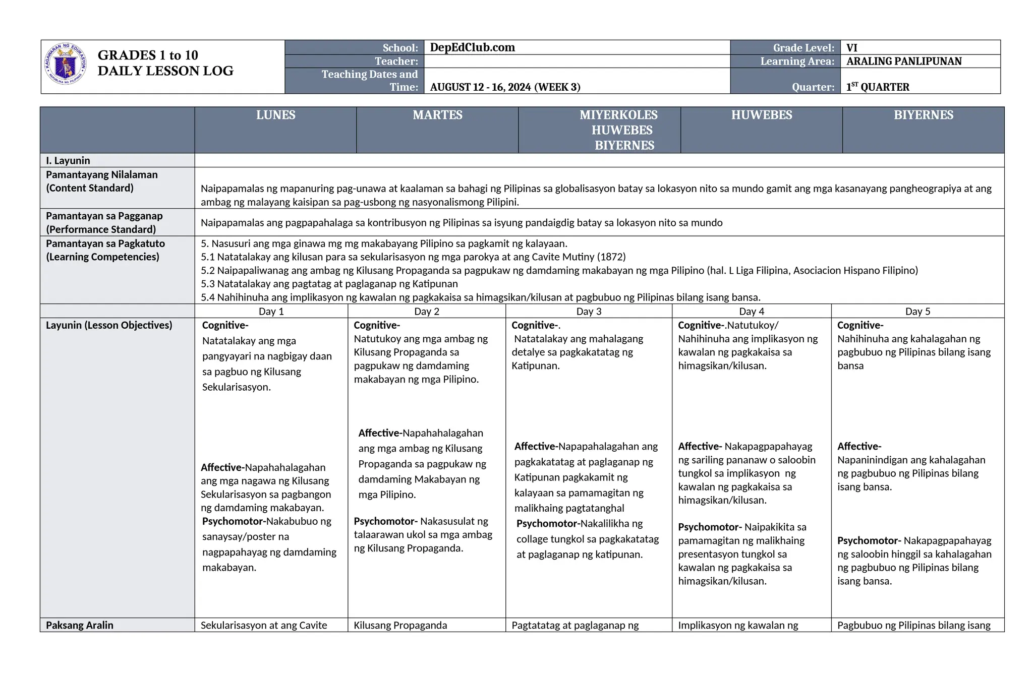DLL_ARALING PANLIPUNAN GRADE 6 QUARTER 1 | DOCX