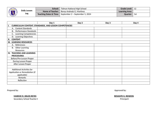 Daily Lesson Log BLANK. documents in tt | PPT