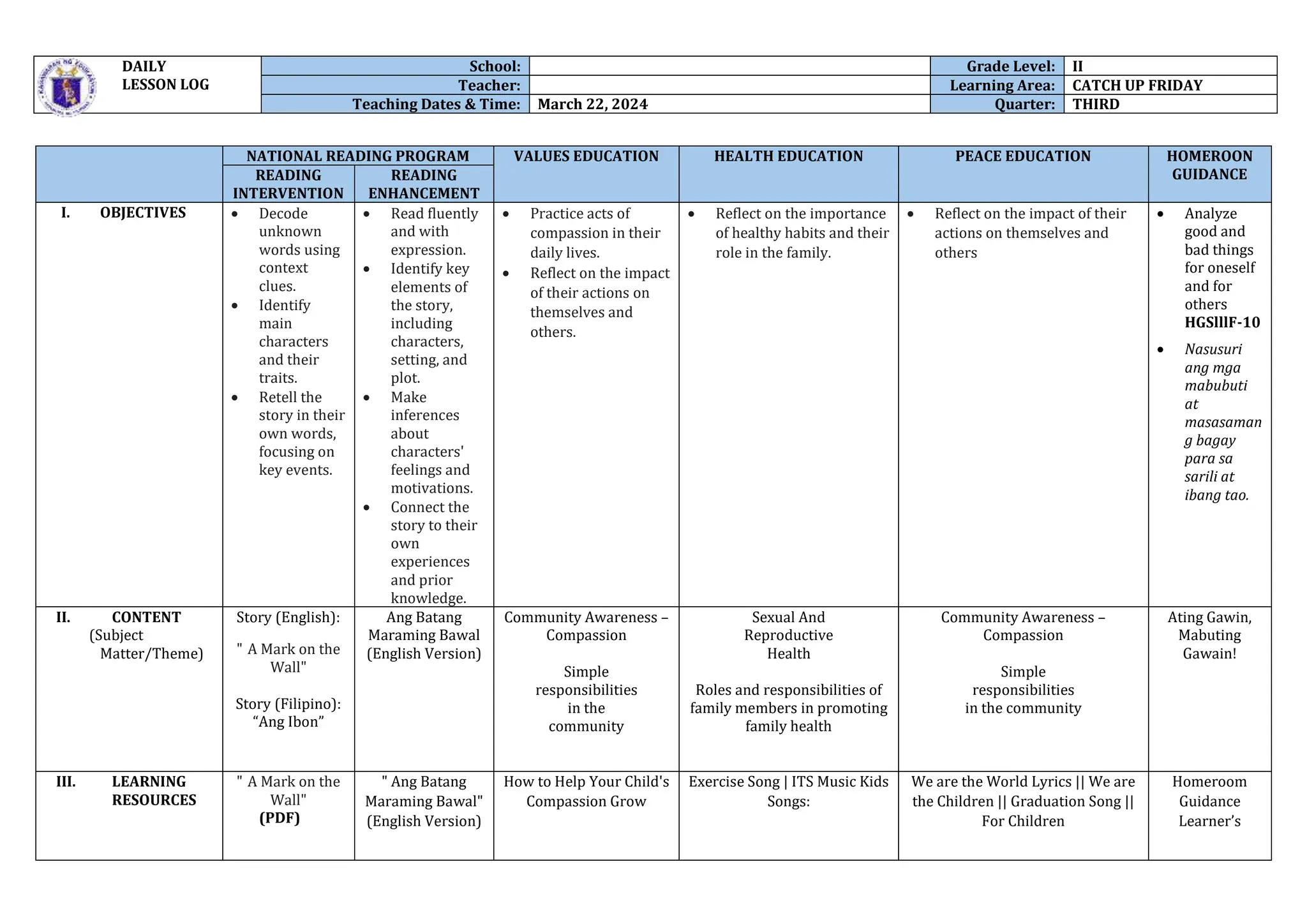 DLL Catch Up Friday March 22.docx CATCH UP FRIDAYS | DOCX