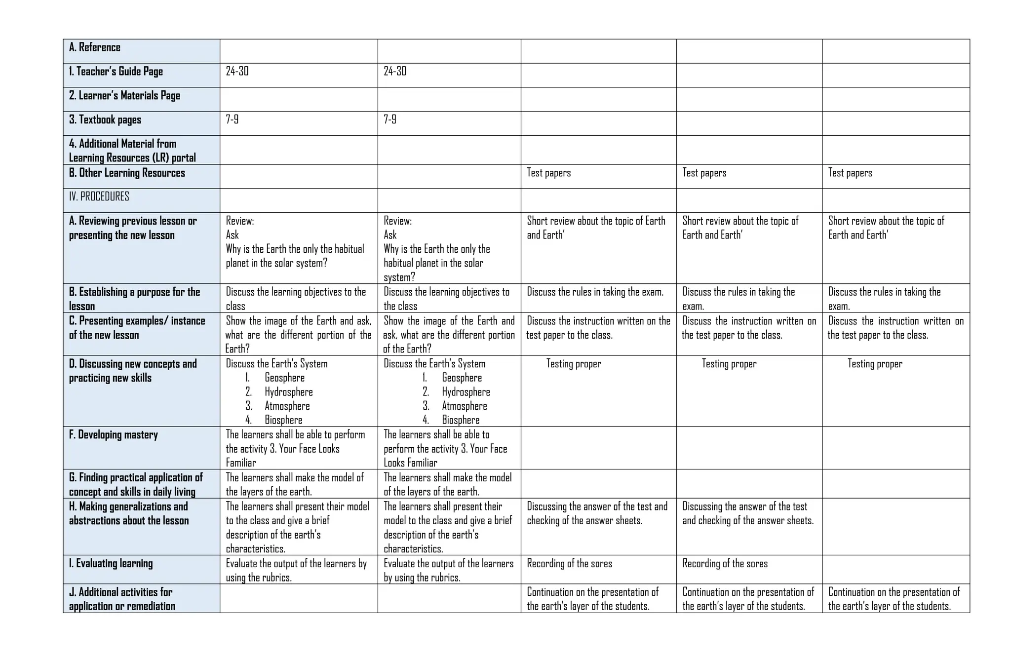 DLL EARTH LIFE & SCIENCE.doc daily lesson log | DOC