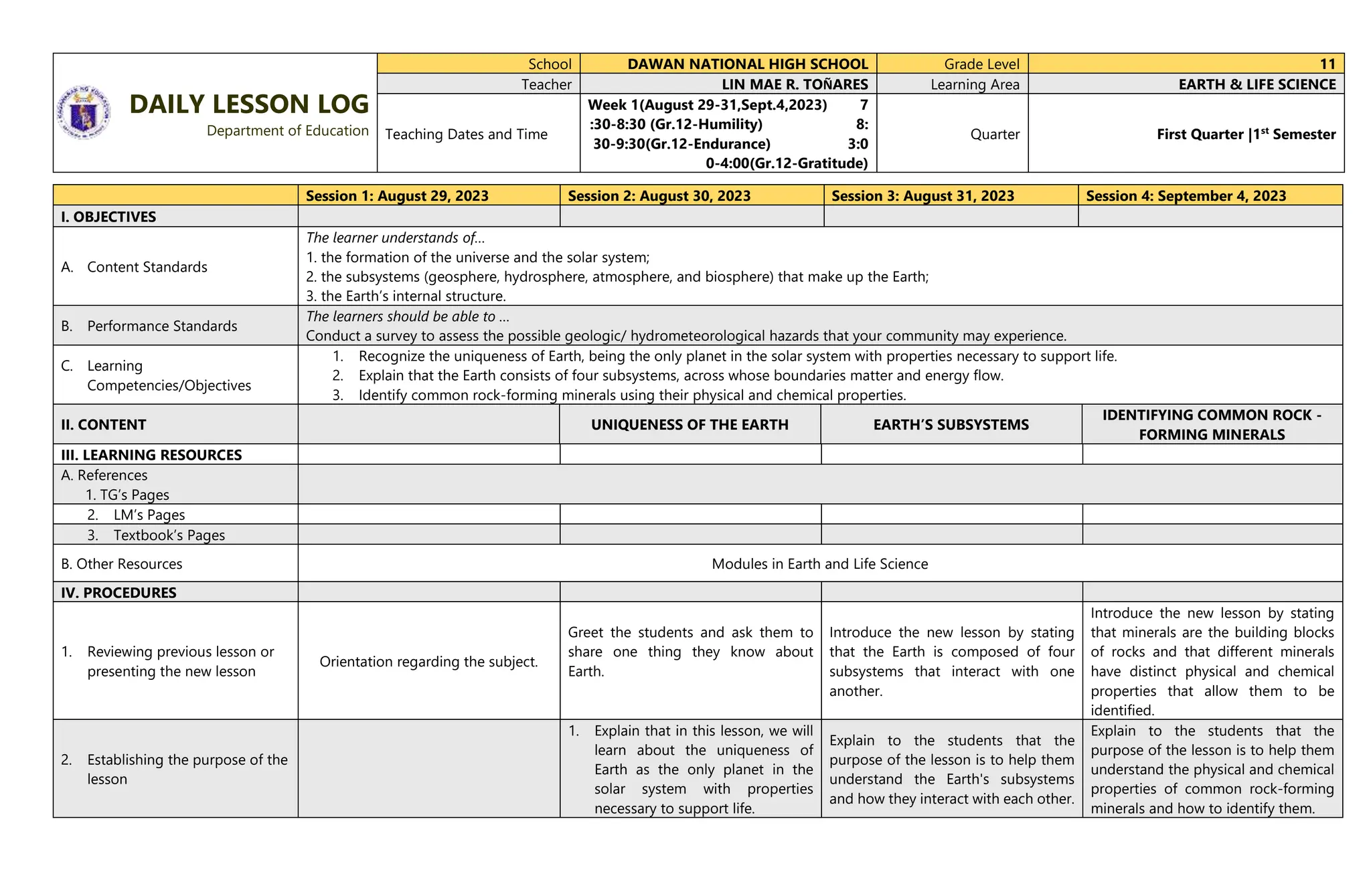 Daily LessonLog ELS QUARTER 1 WEEK 1.docx