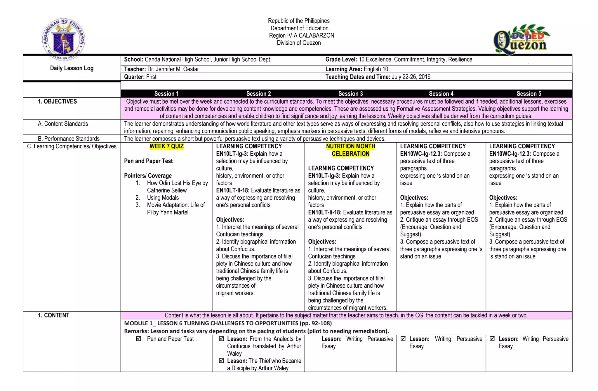 DLL English 10 _Module 1_Lesson 6_Analects from Confucius, zen Parables, Practice and Uphold ...