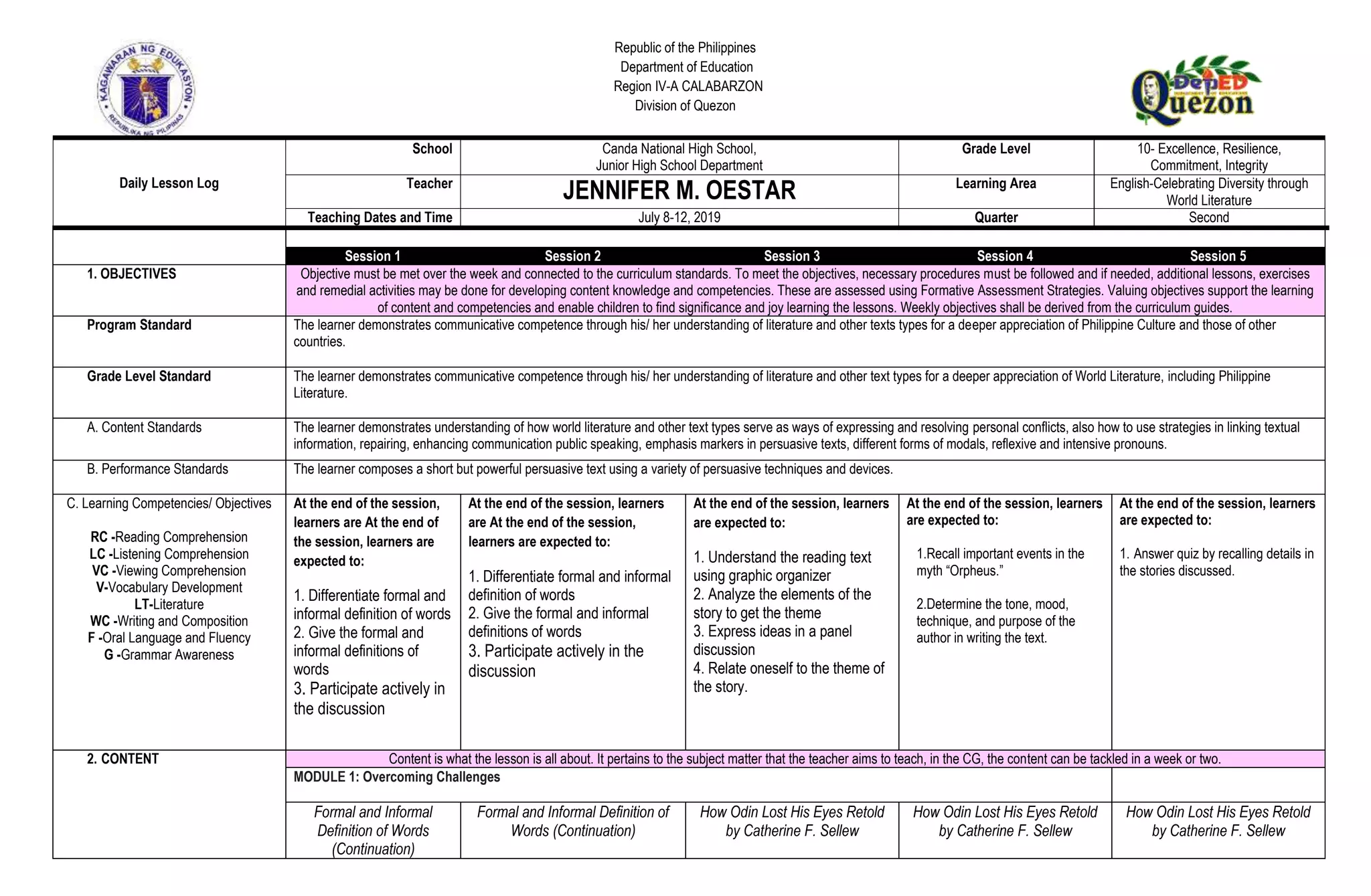 DLL English 10 Q1_Module 1_Lesson 5_Formal and Informal Definition of ...