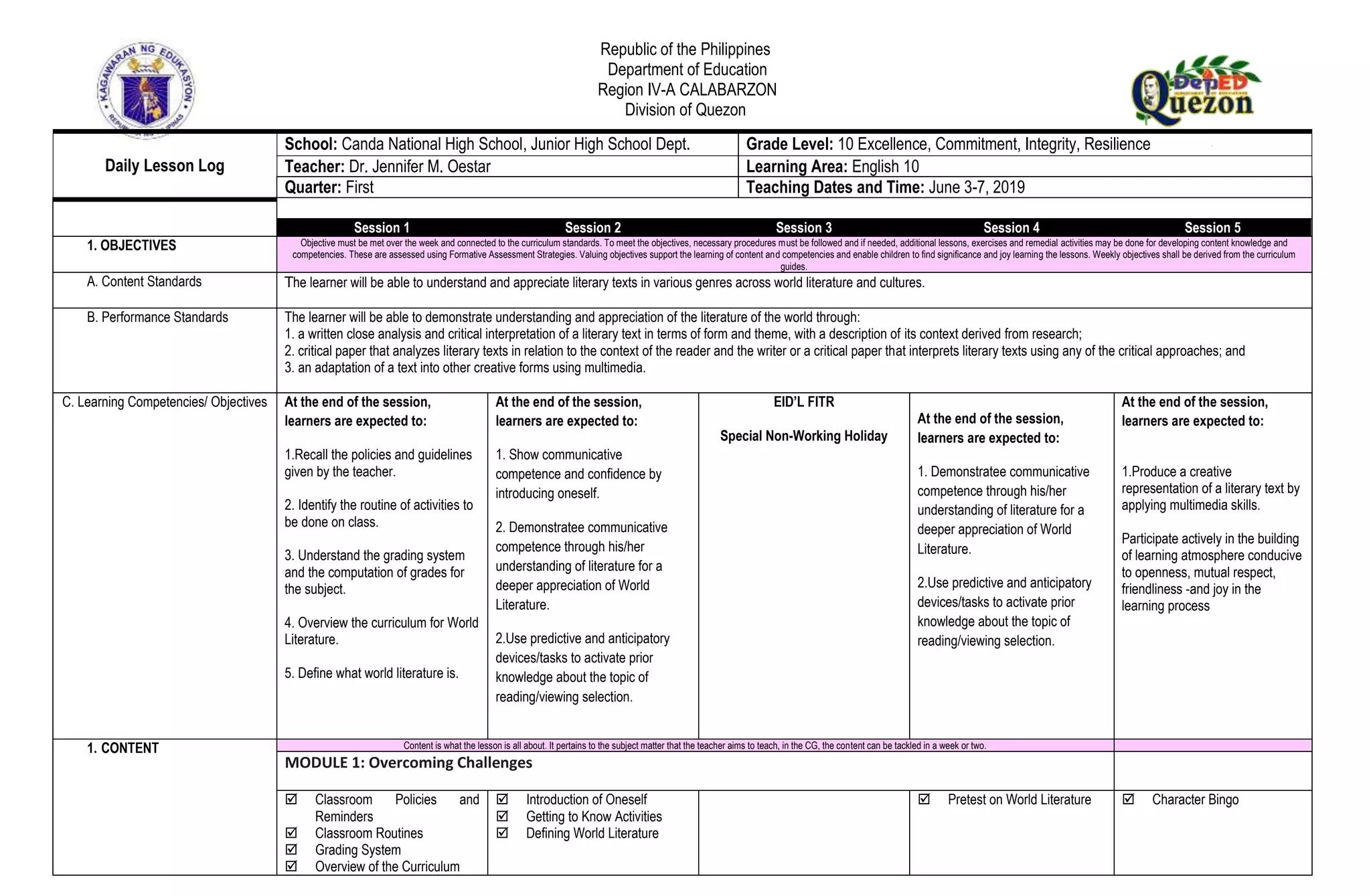 DLL English 10 Q1_Module 1_Subject Orientation, Class Policies ...