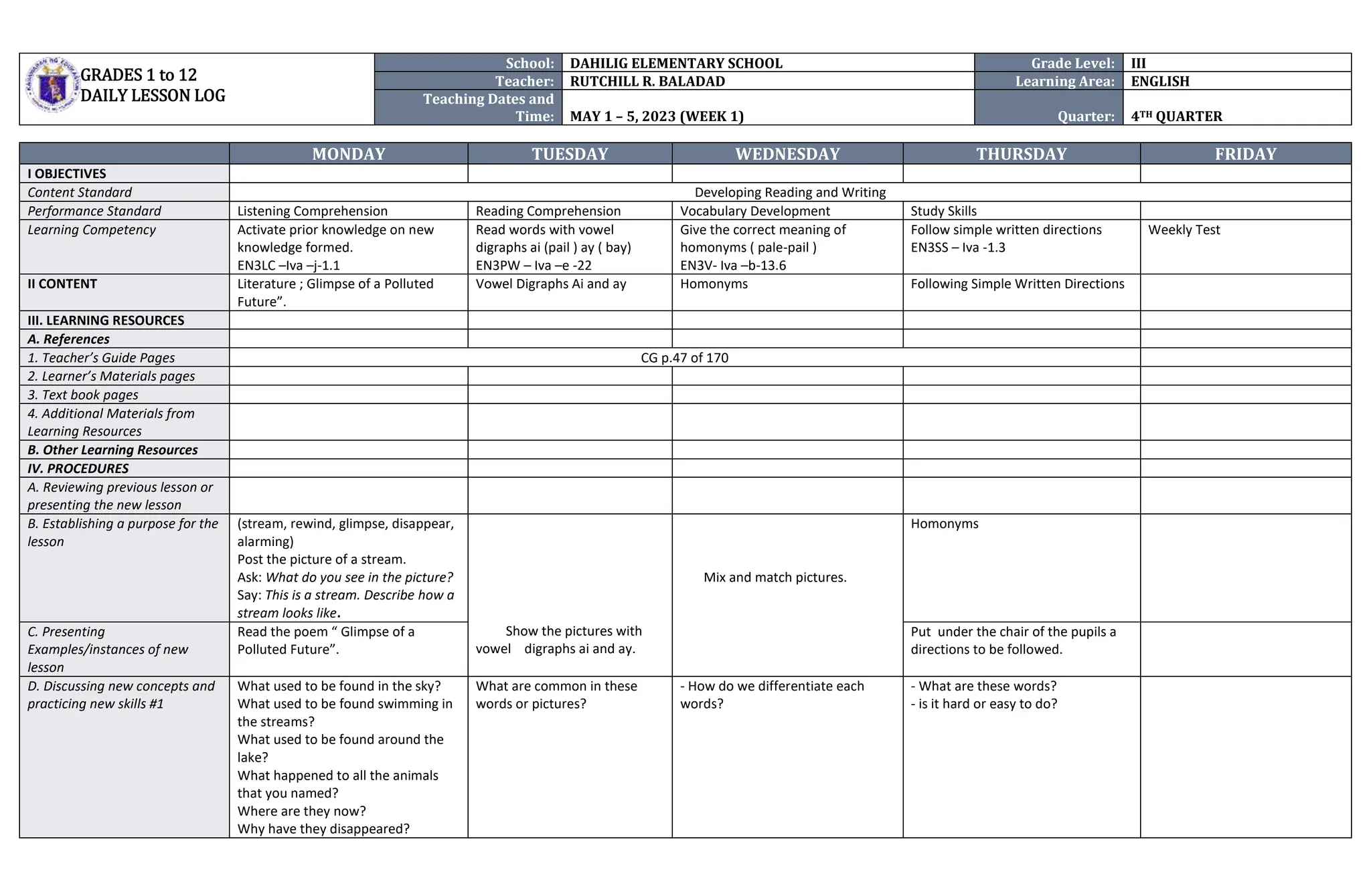 Daily Lesson Log for Grade 3 English Quarter 4 week 1 | DOCX