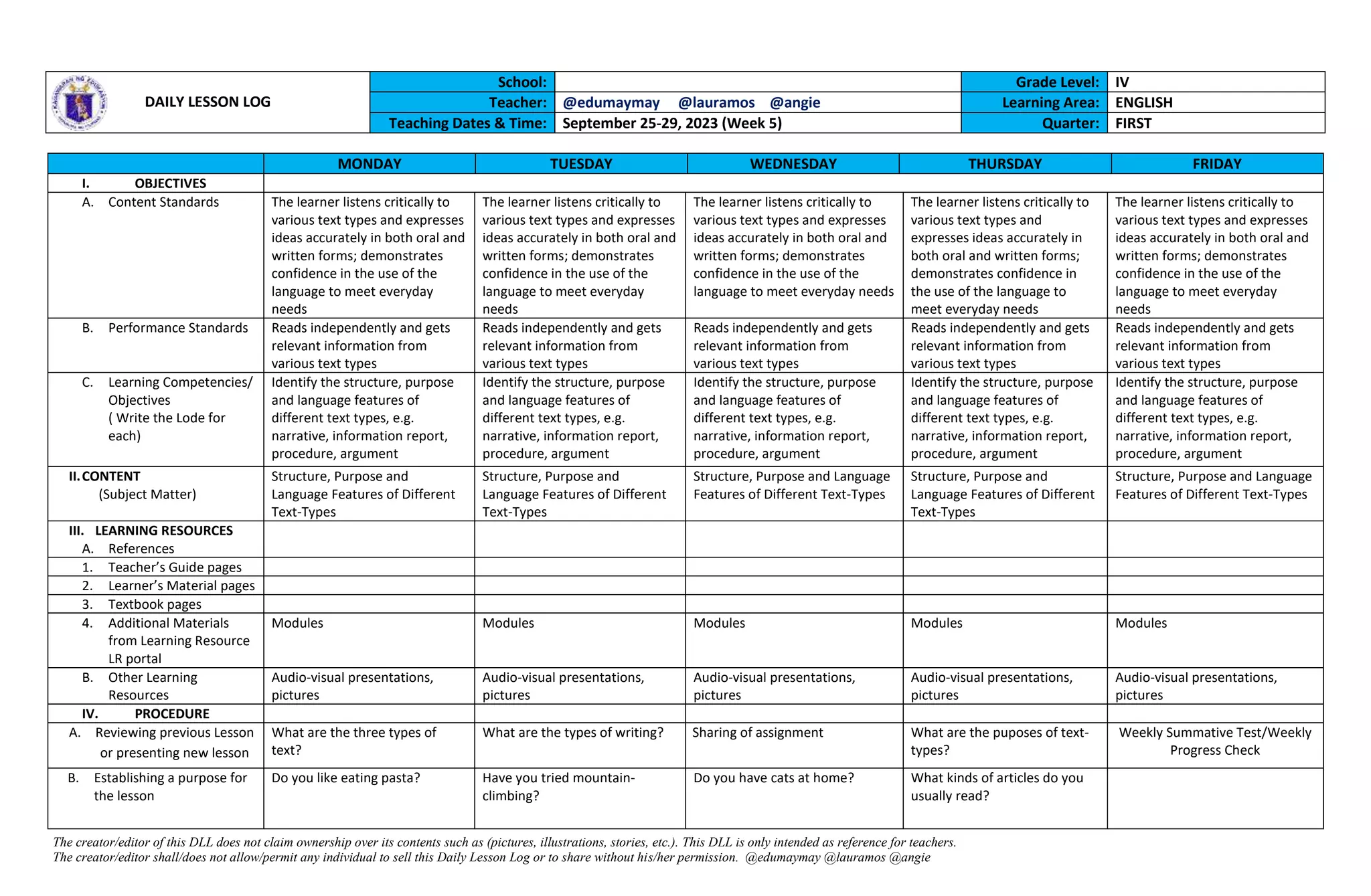 DLL_ENGLISH 4_Q1_W5_Identify the structure, purpose and language features @edumaymay@lauramos.docx