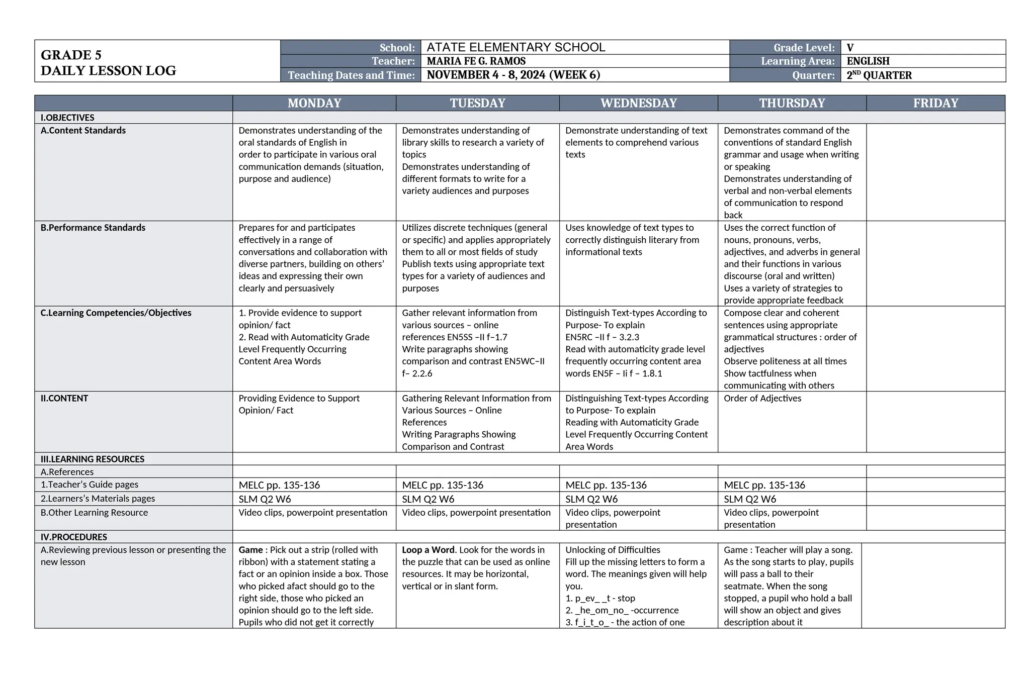 Daily lesson log English Quarter 2 Week 6 | DOCX