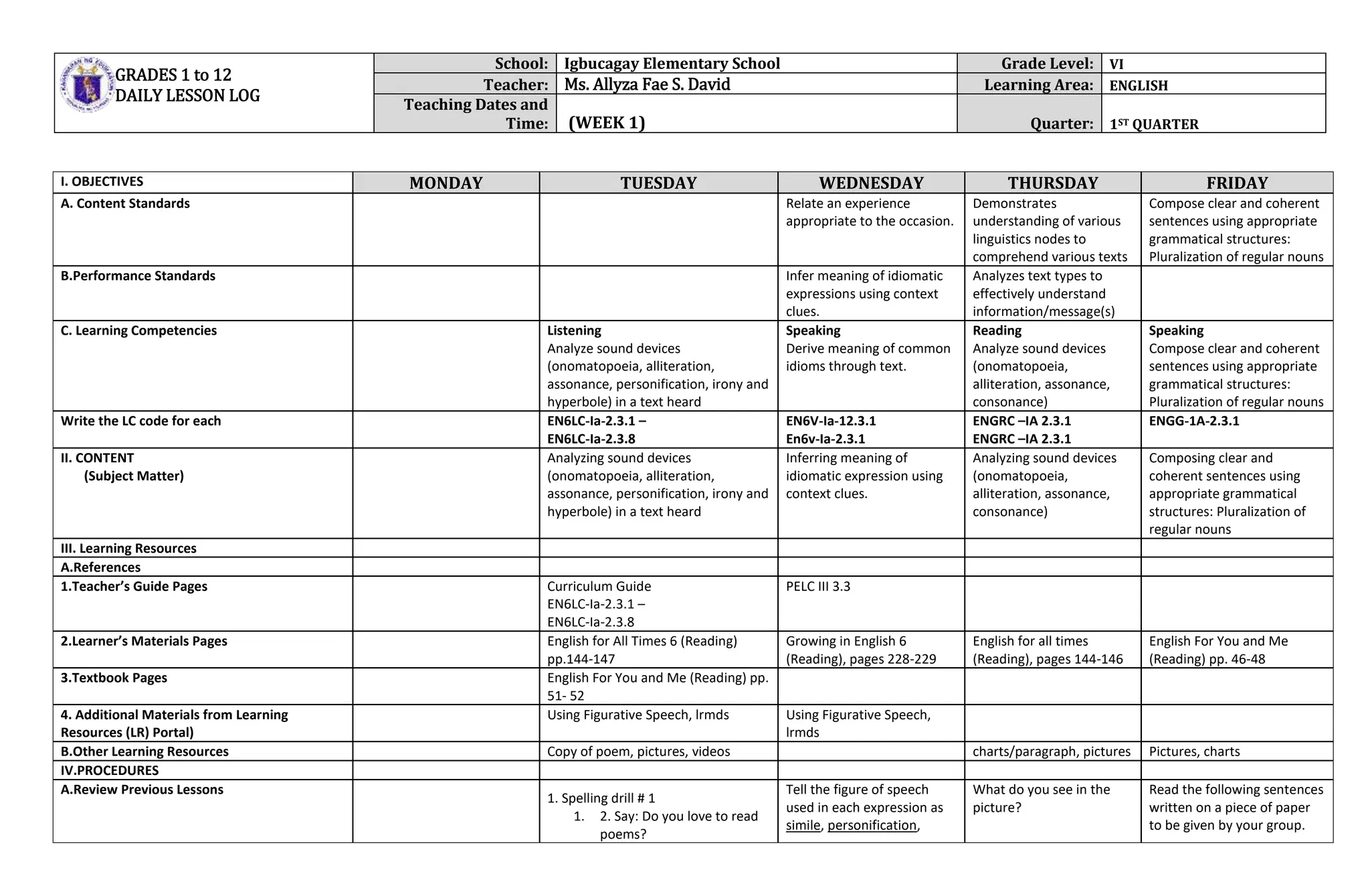 Daily Lesson Log inENGLISH 6_Quarter wekk 1 | DOCX