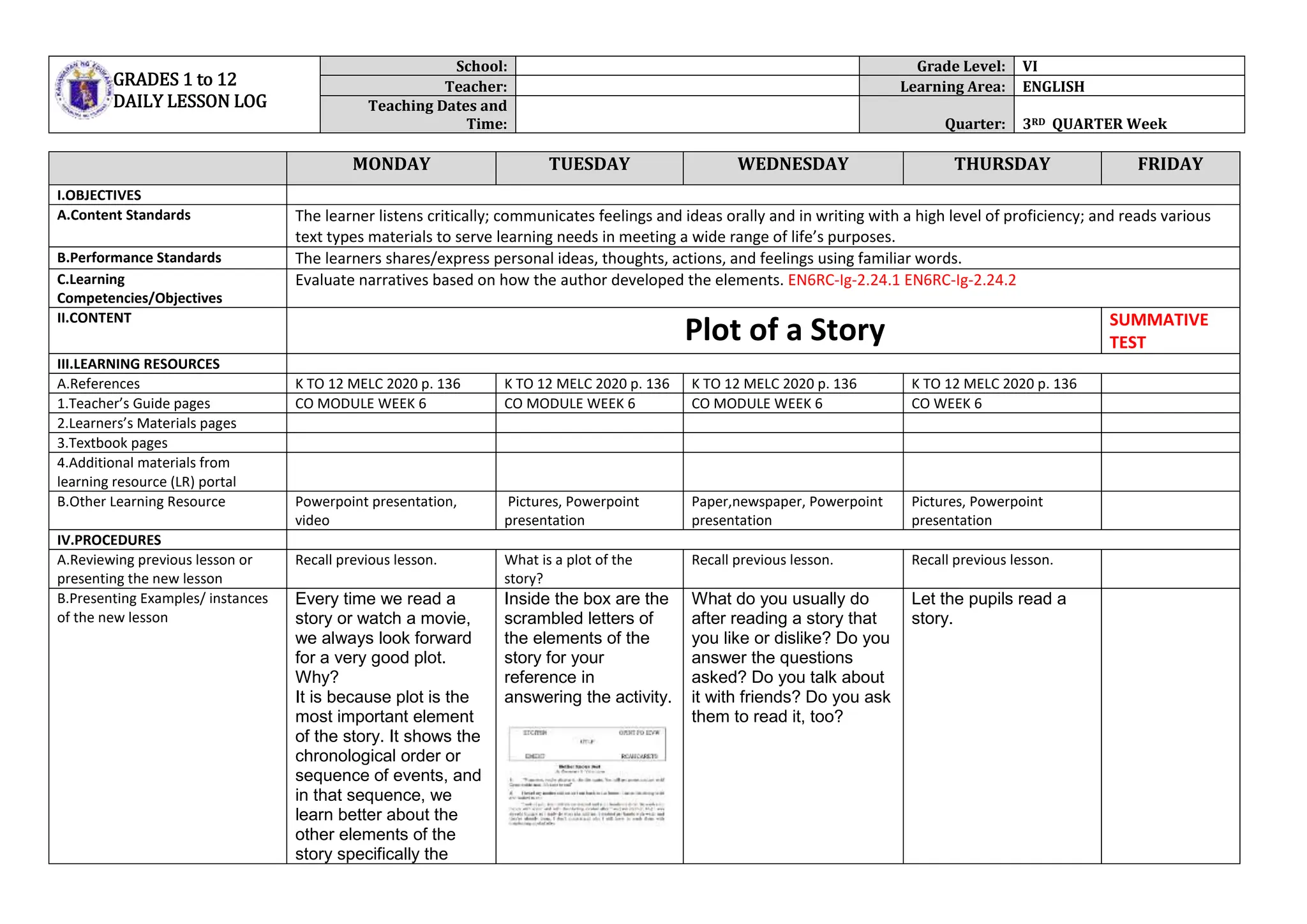 DAILY LESSON LOG ENGLISH GRADE 6 QUARTER 3 | DOCX | Fiction | Books and ...