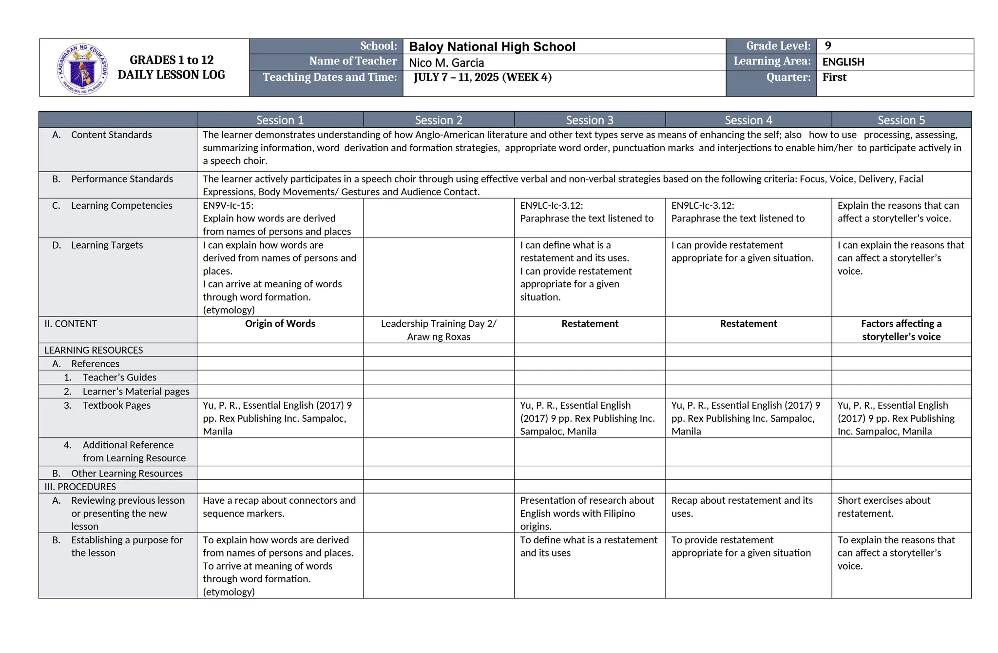 Daily Lesson Log in English Quarter 1 Week 1 | DOCX
