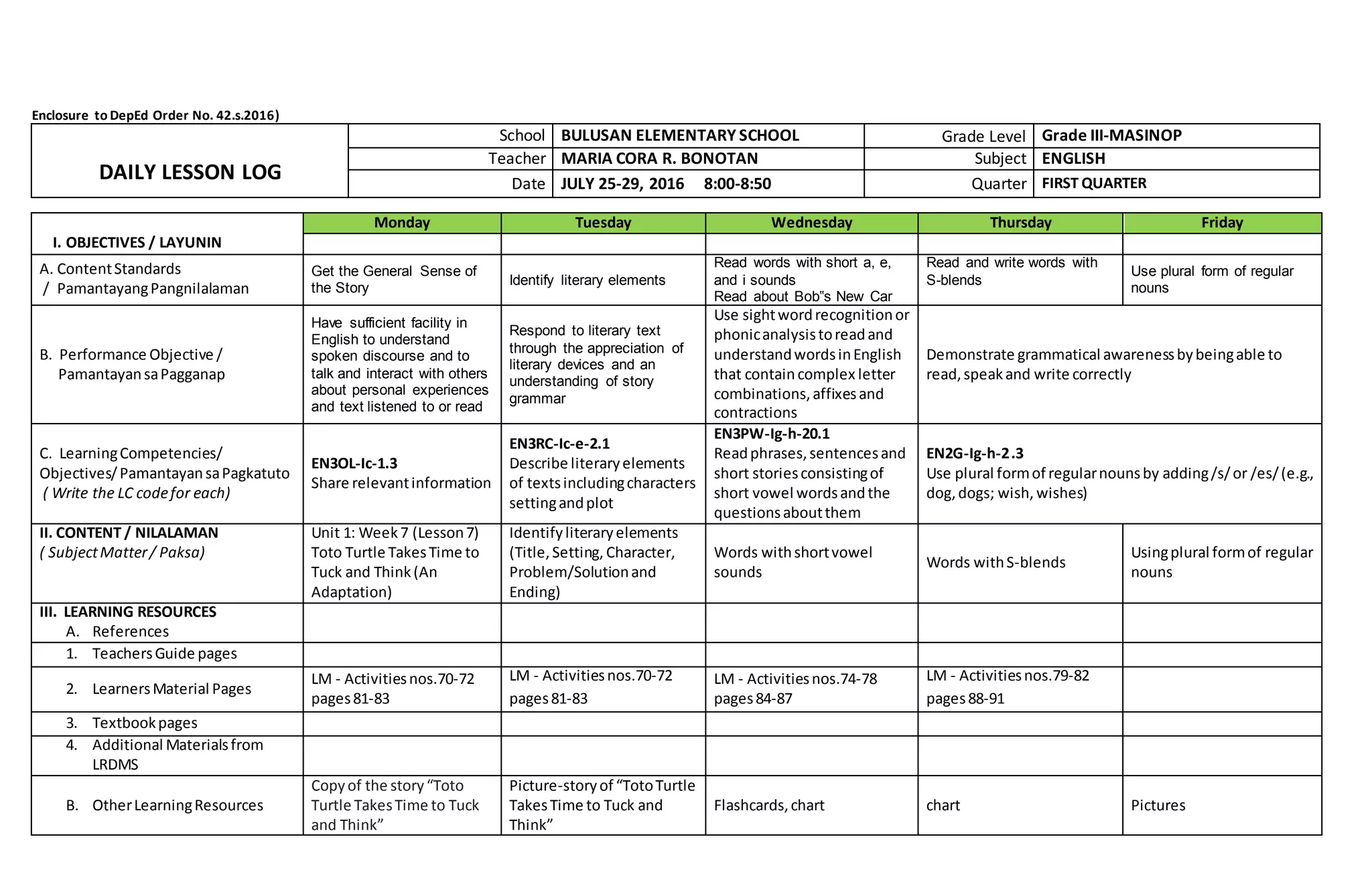 DLL grade 3 English week 6 | DOCX
