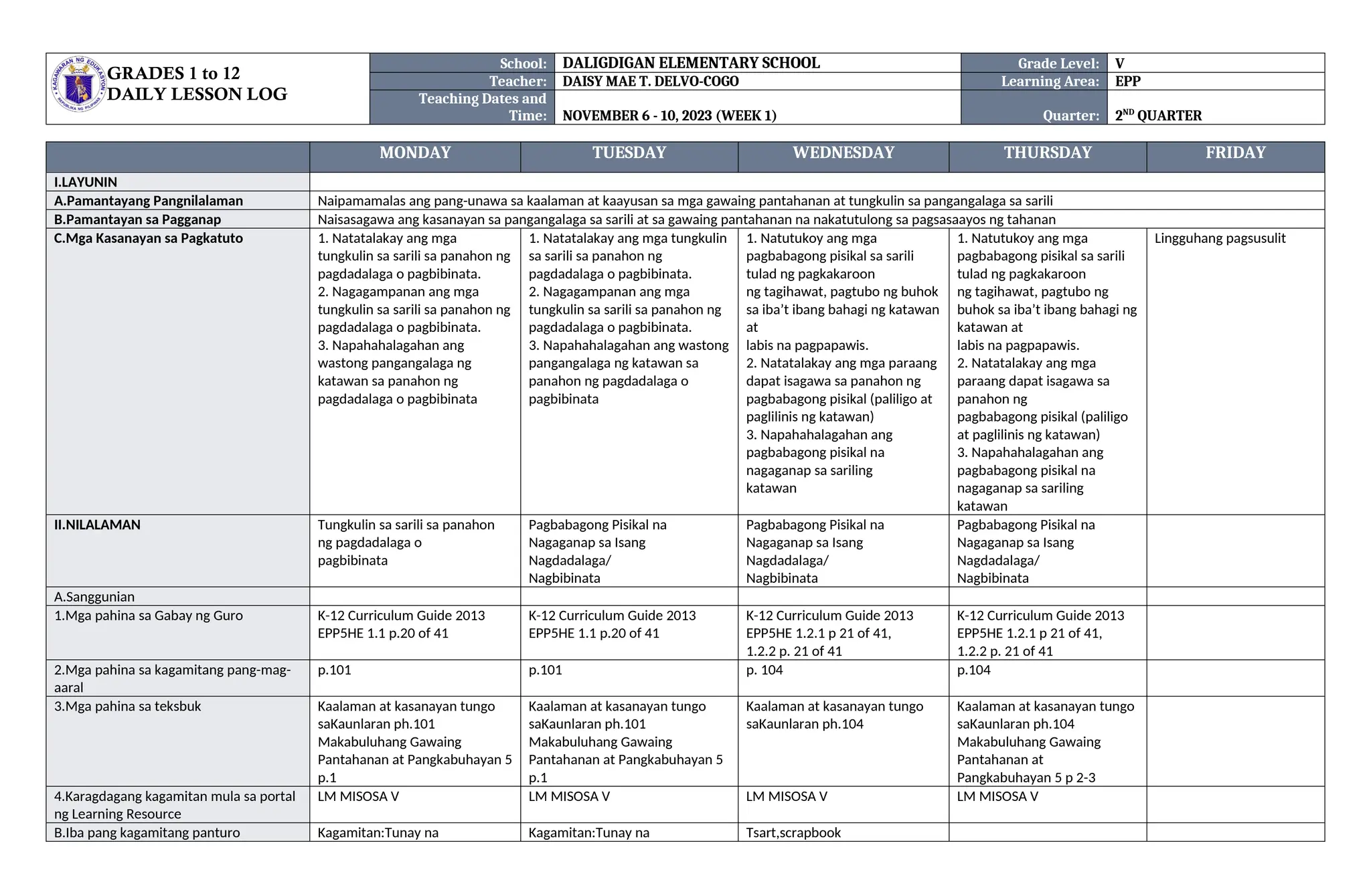 Daily Lesson Log in EPP for Grade 5 Pupils | DOCX