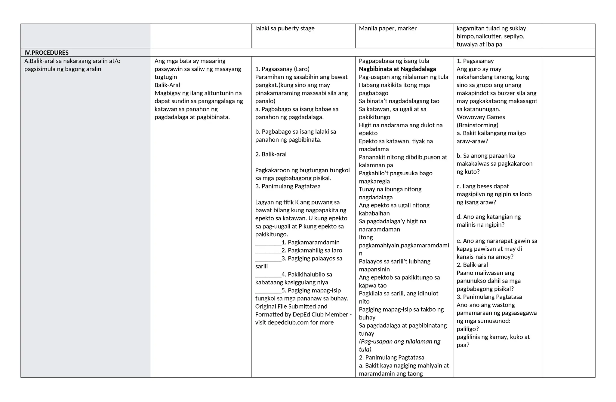 Daily Lesson log in EPP for Grade 5 Learners | DOCX