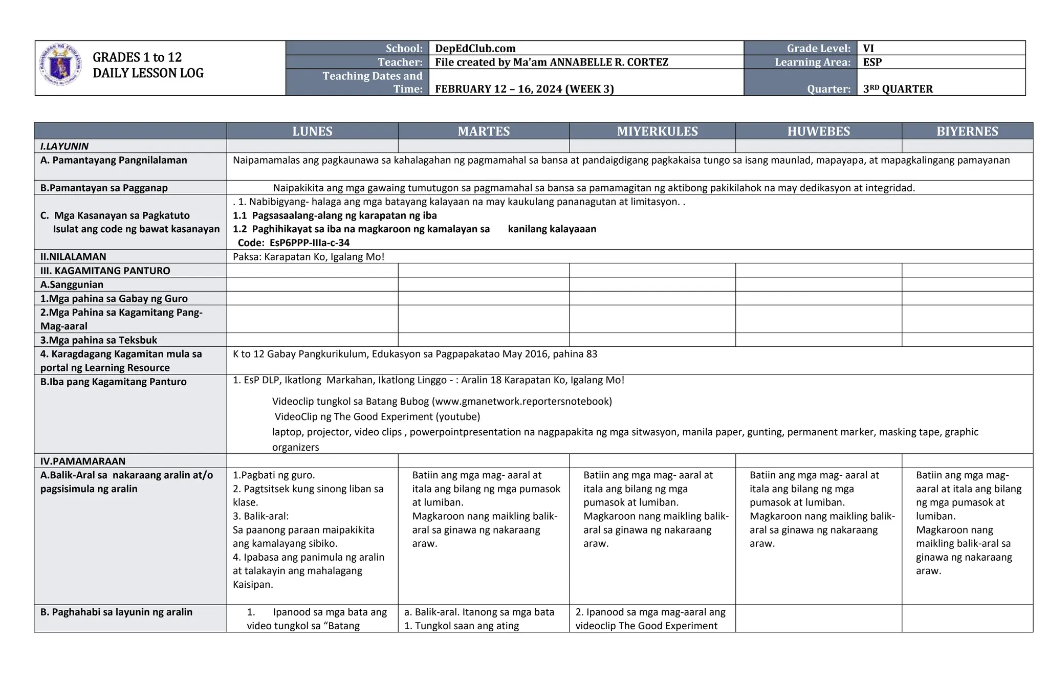 DLL_ESP-6_Q3_W3-1.docx edukasyon sa pagpapakatao | DOCX