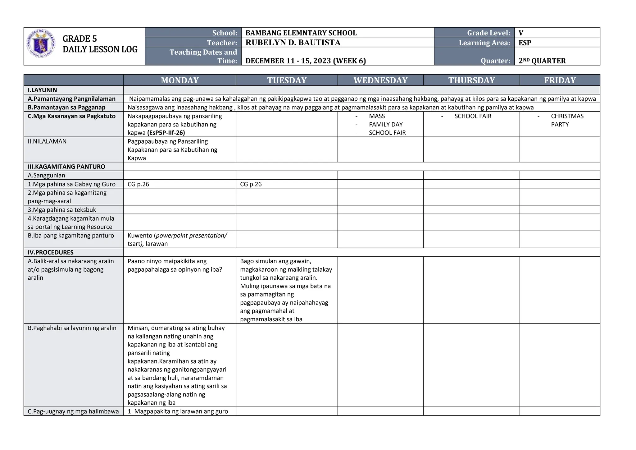 Daily Lesson plan in edukasyon sa pagpapakatao | DOCX