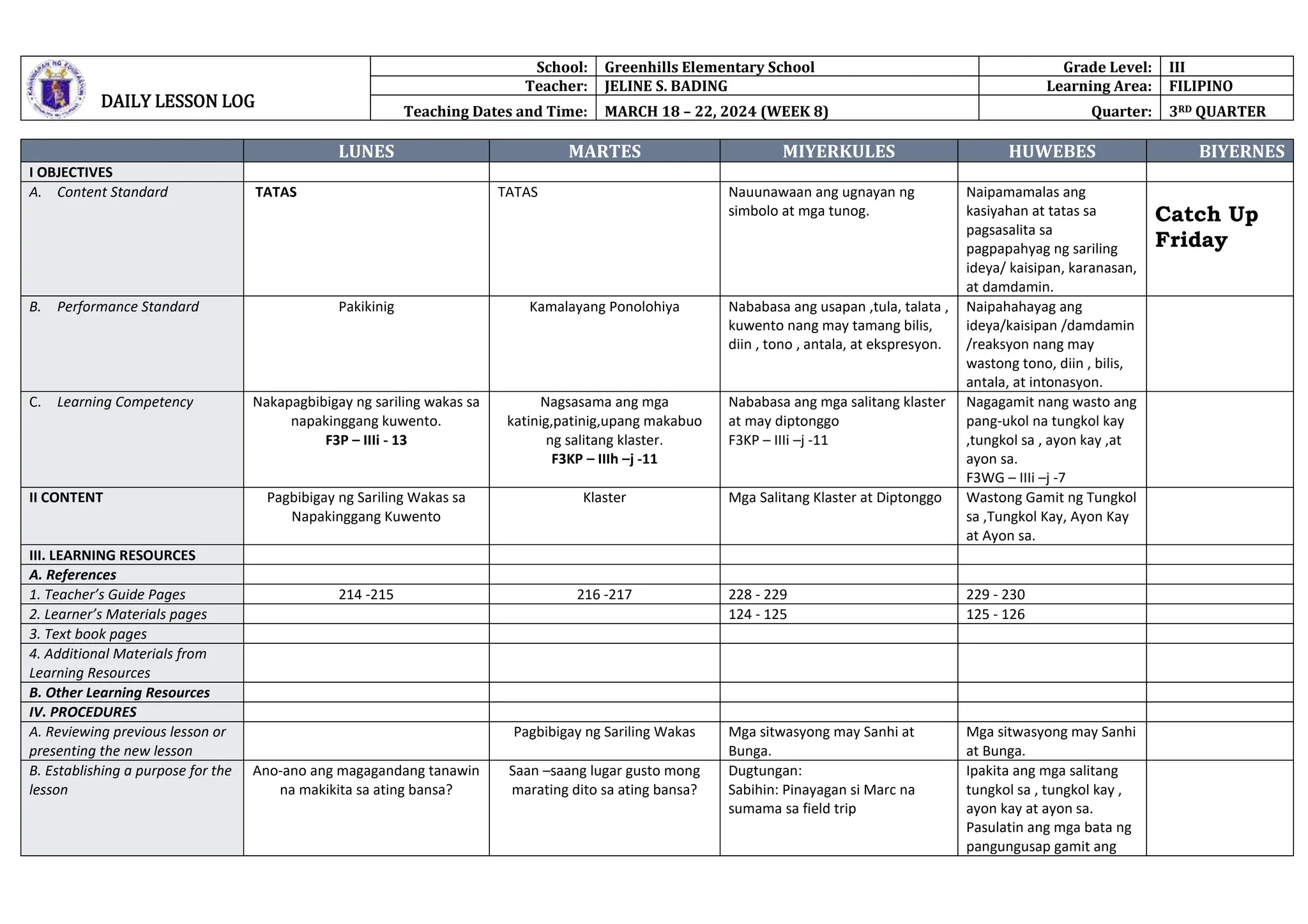 Daily Lesson Log Filipino 3 Week8 Grade3 | DOCX