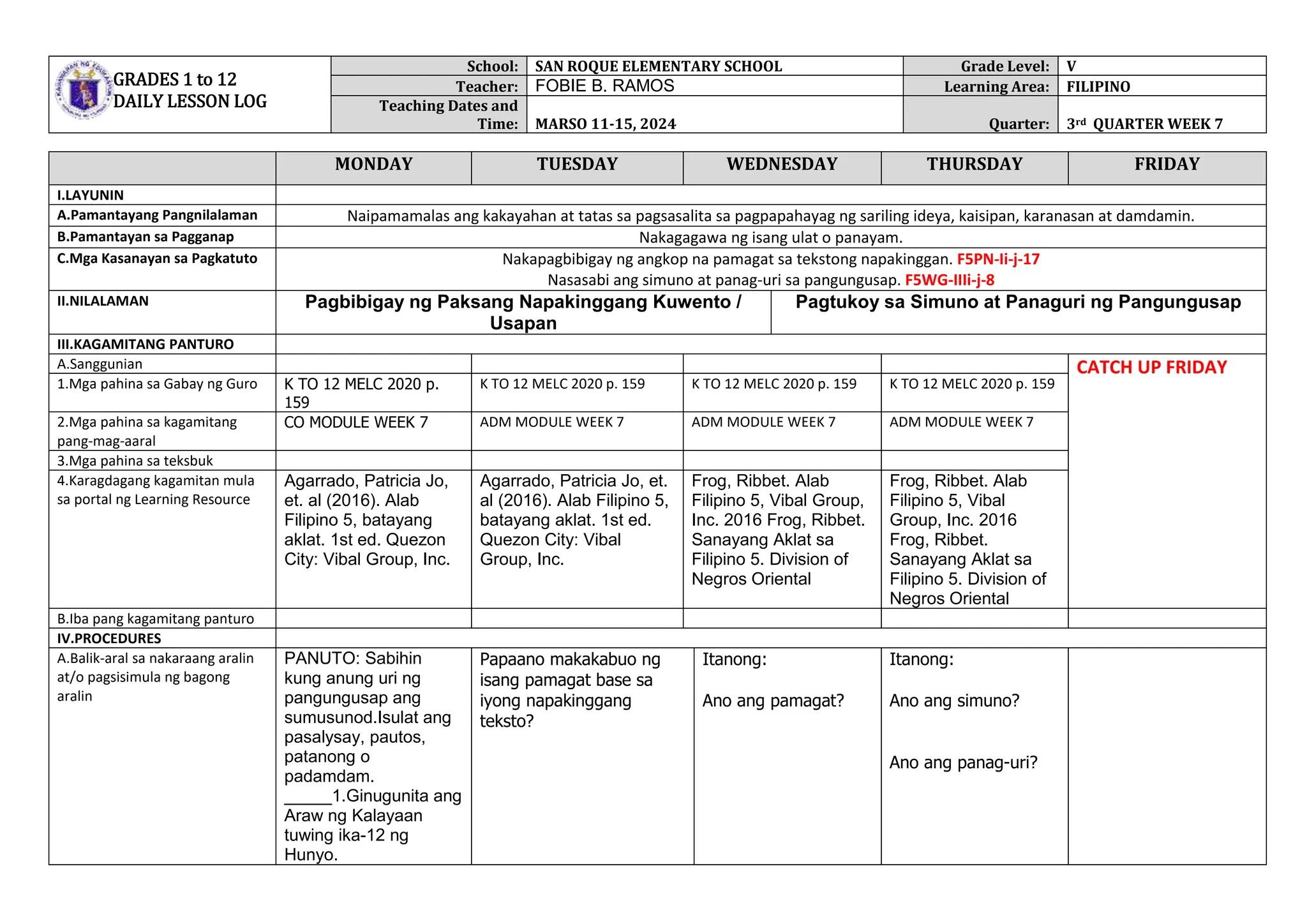DLL FILIPINO WEEK 7 GRADE 5 DLL SY 2023-2024 | DOCX