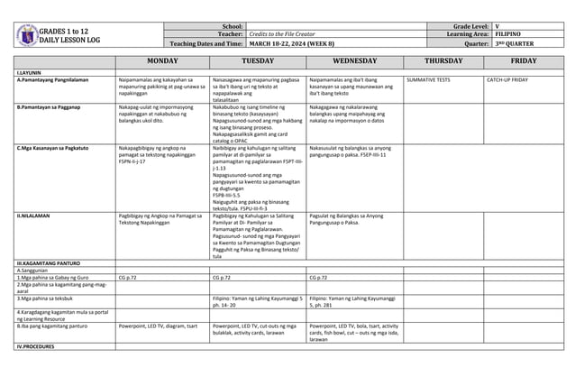 Daily Lesson Log_Grade FILIPINO 5 week 5 | DOCX