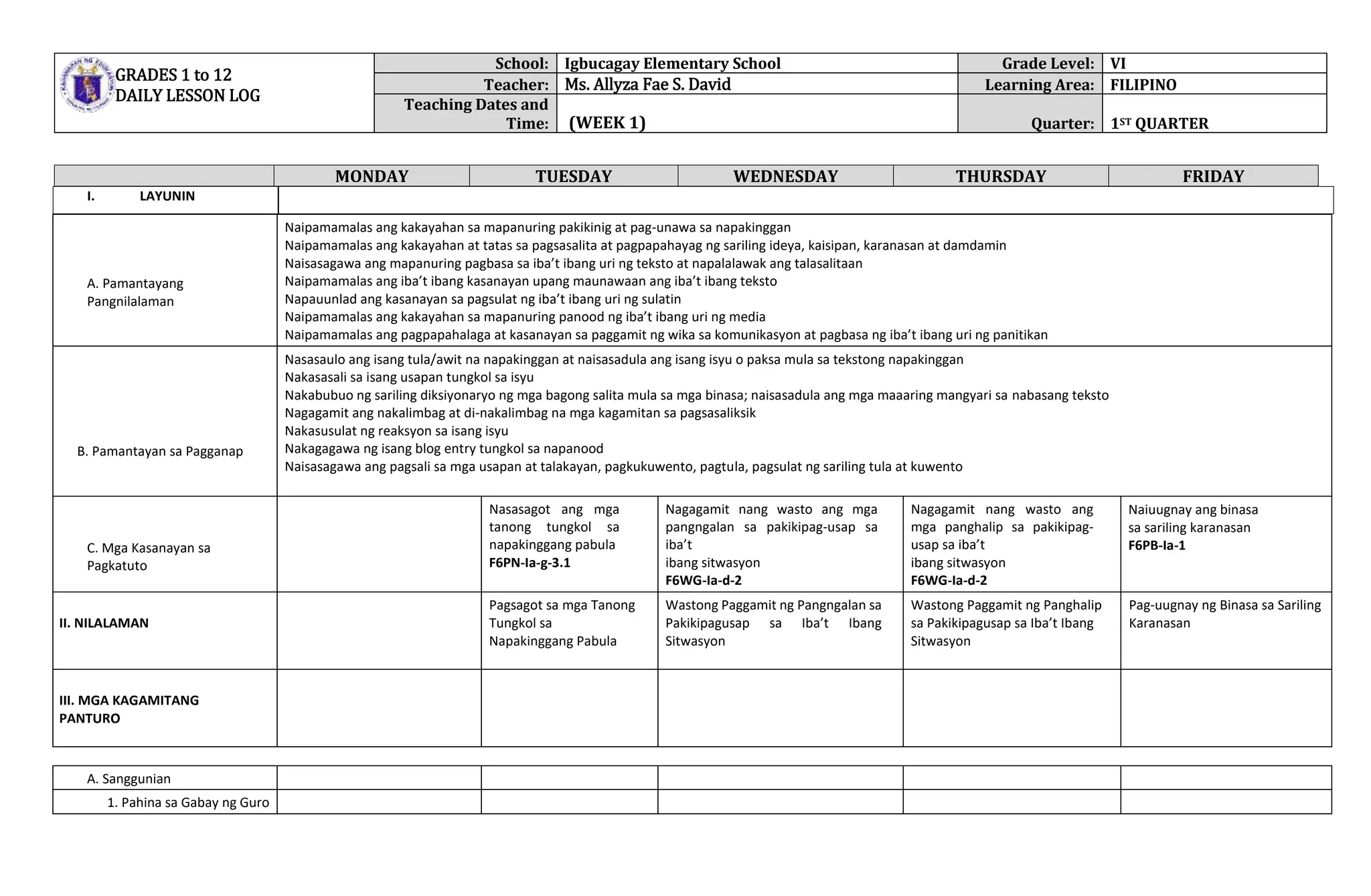 Daily Lesson Log FILIPINO 6_Qquarter1_W1. | DOCX