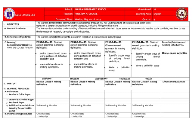 Daily Lesson Log English 10 Quarter 4 Week 4ITY Q4 L4.docx | Homework and Study | Education