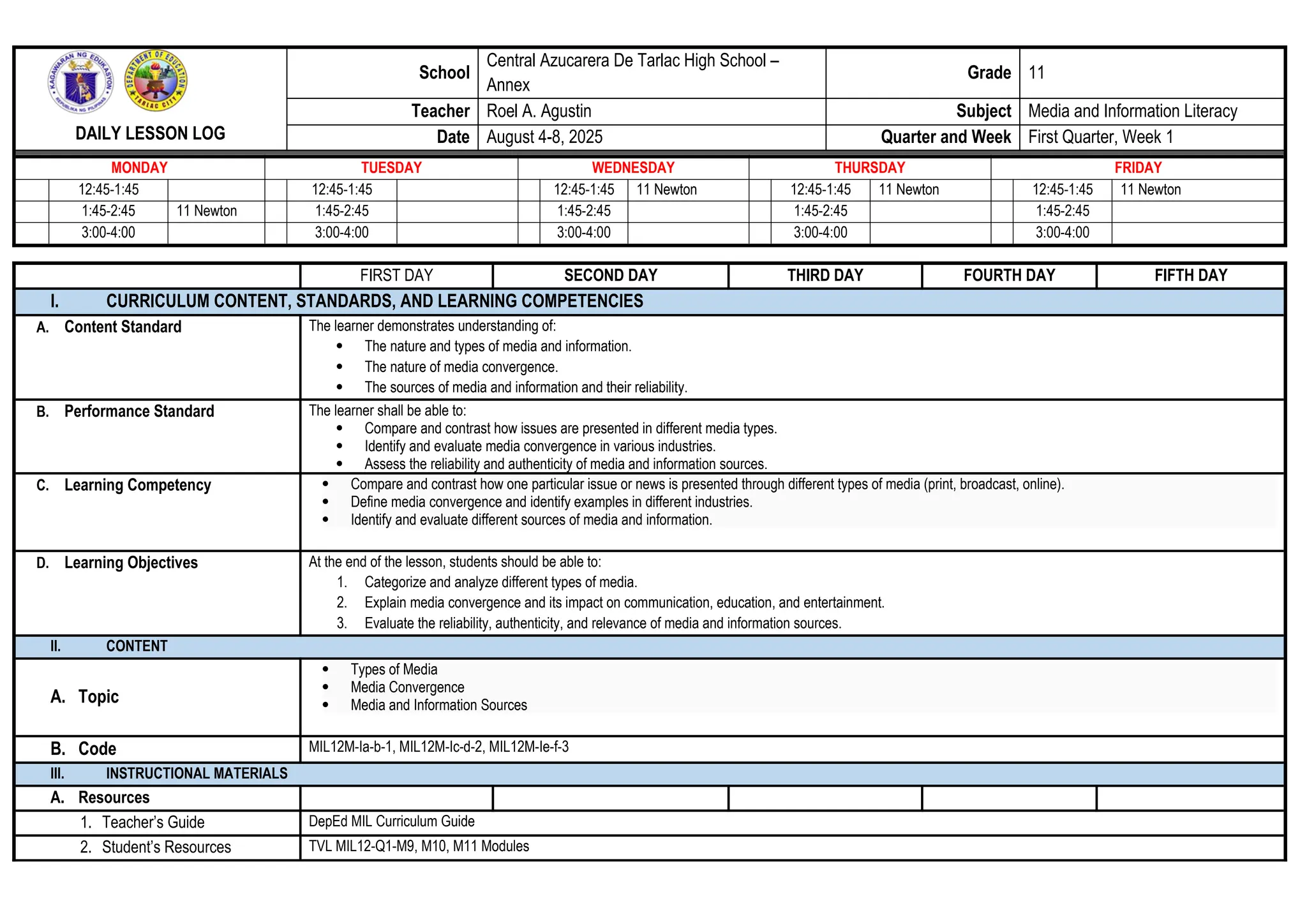 DETAILED LESSON LOG FOR MEDIA AND INFO. LITERACY | DOCX