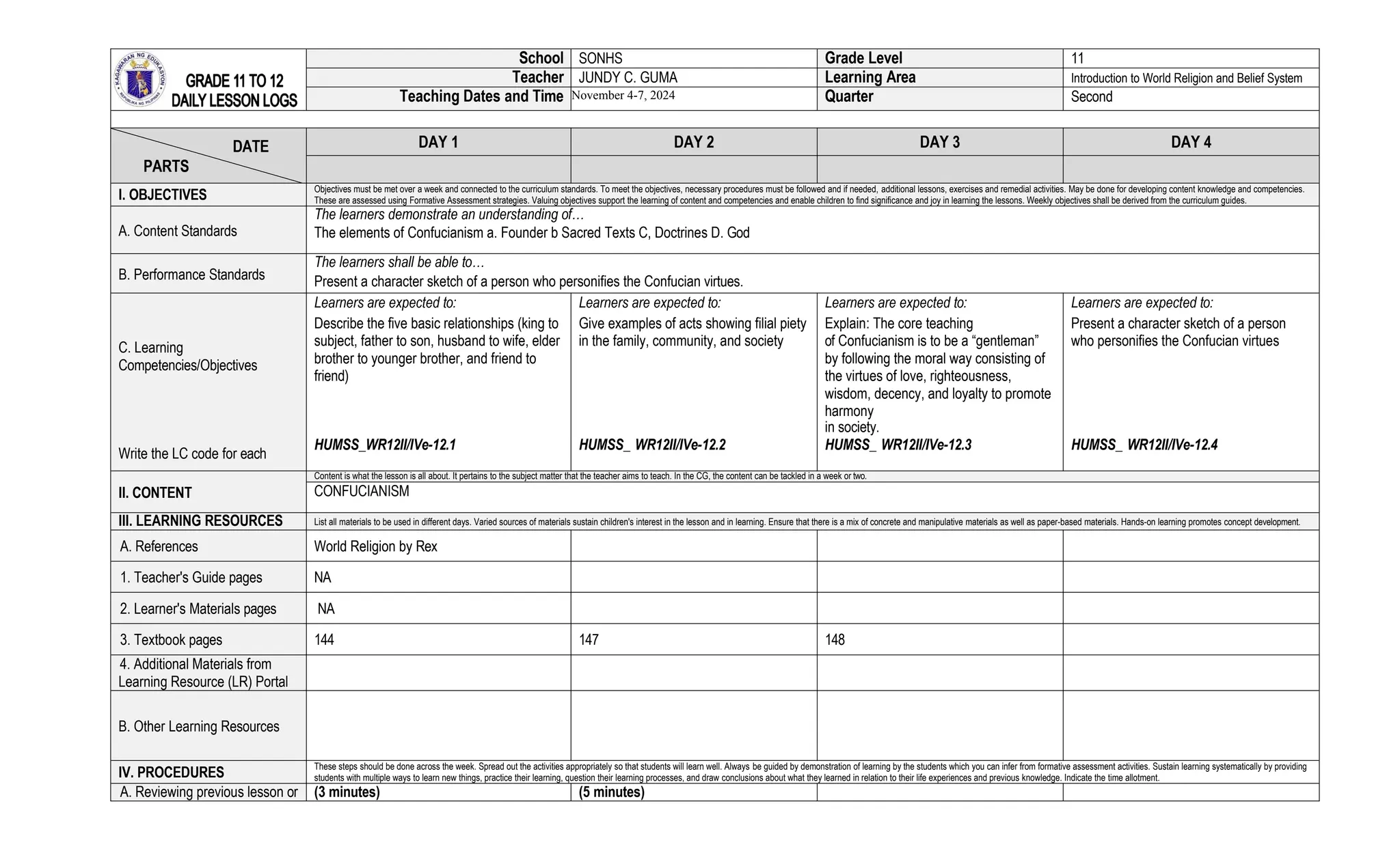 Datailed Lesson Log ITWRBS 2nd Q Confucianism.docx