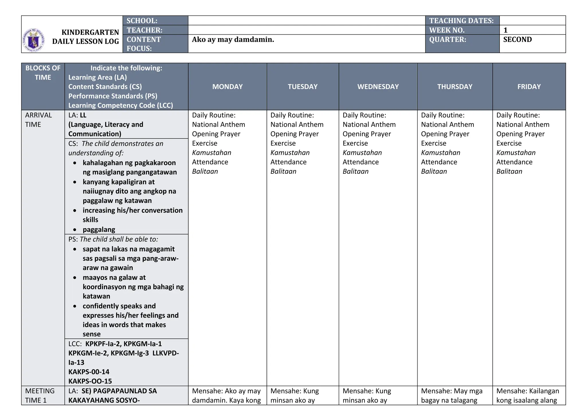 Daily Log For Kindergarten -Week 1 Quarter Two | DOCX
